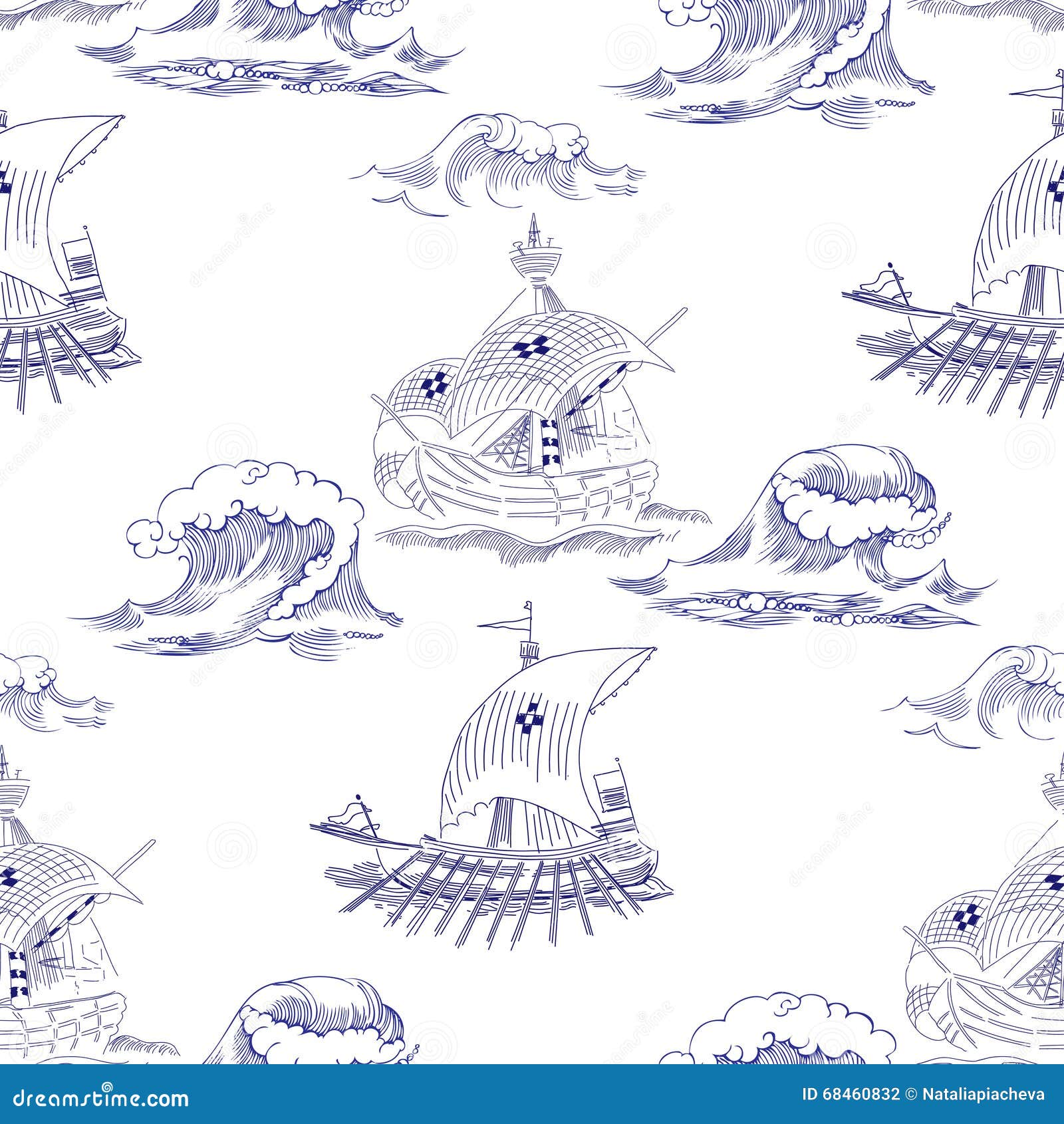 Seamless Pattern with Waves and Ships Stock Vector - Illustration of ...