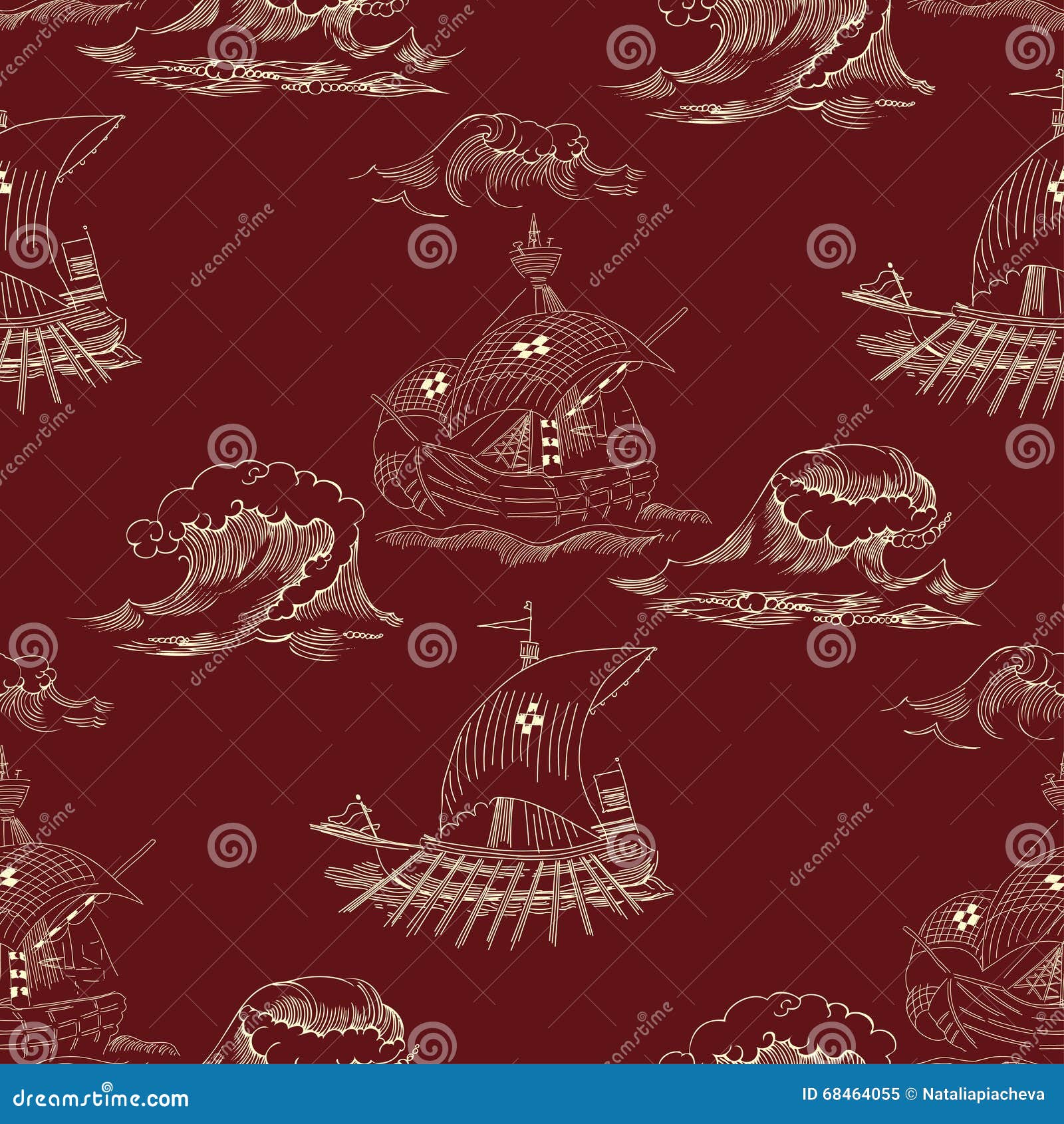 Seamless Pattern with Waves and Ships Stock Vector - Illustration of ...