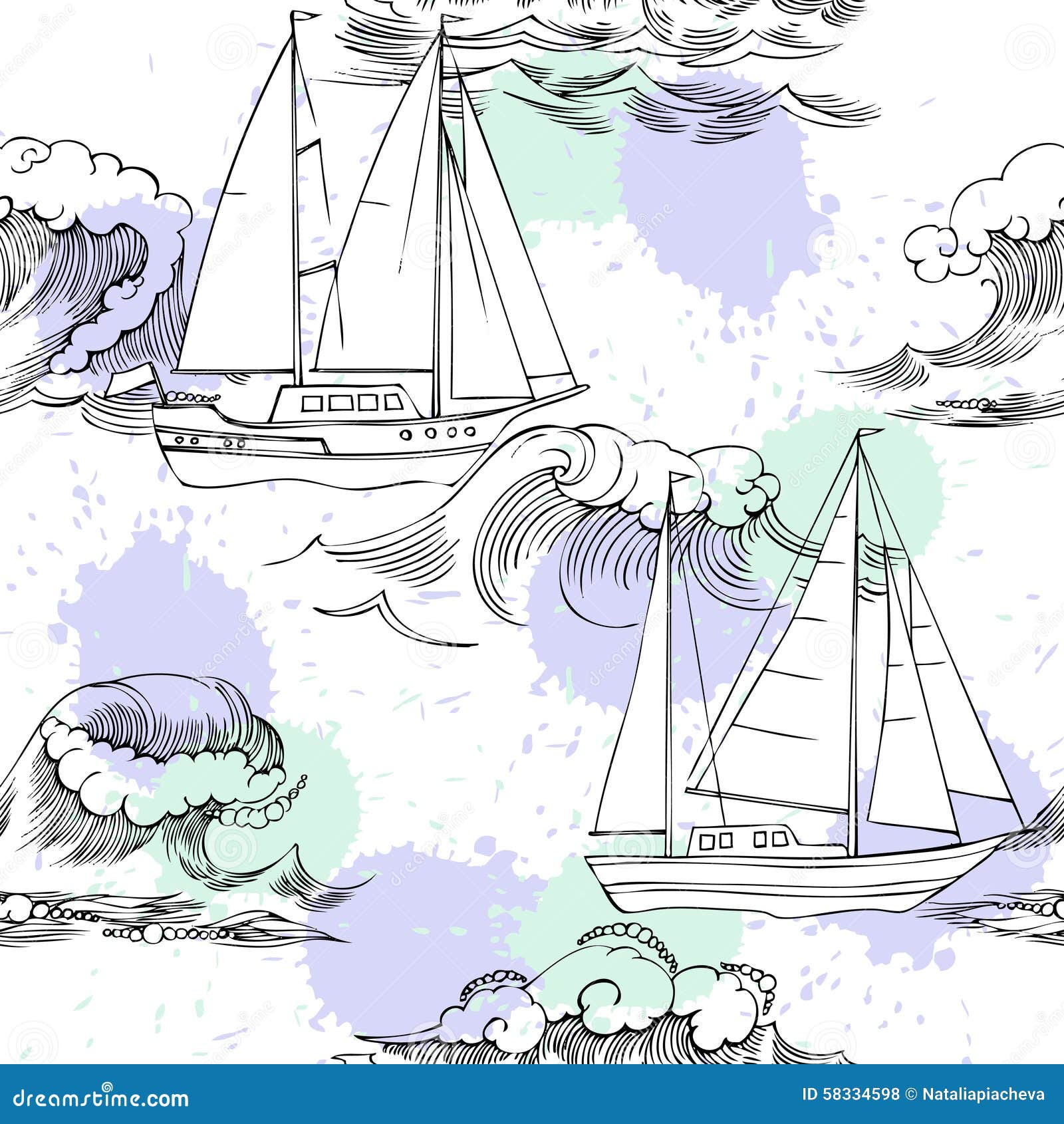 Seamless Pattern with Waves and Ships Stock Vector - Illustration of ...