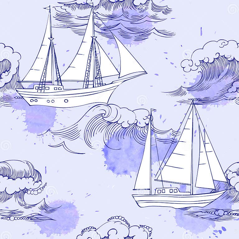 Seamless Pattern with Waves and Ships Stock Vector - Illustration of ...