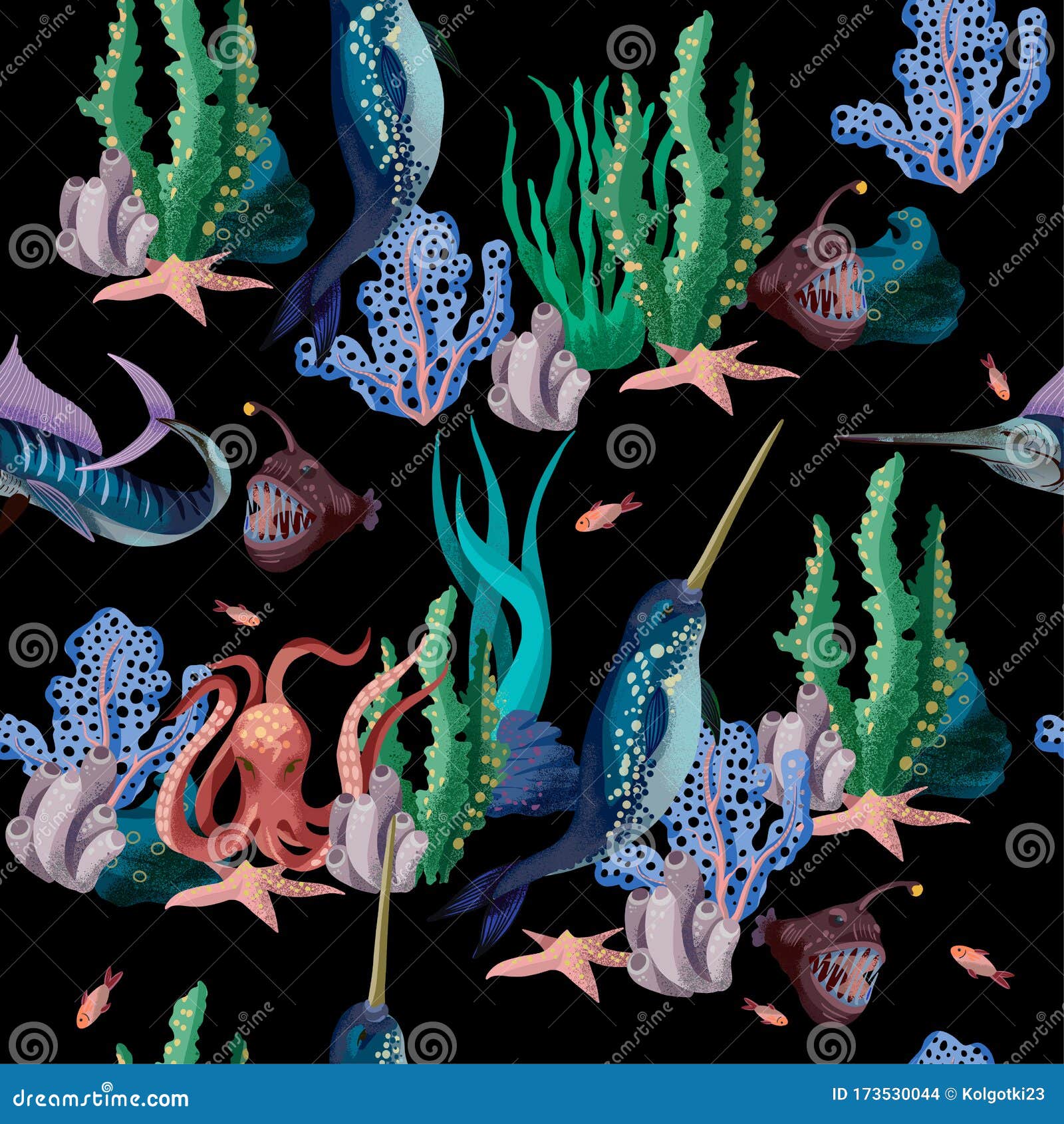 Seamless Pattern with Whale in the Undersea Landscape. Vector. Stock ...