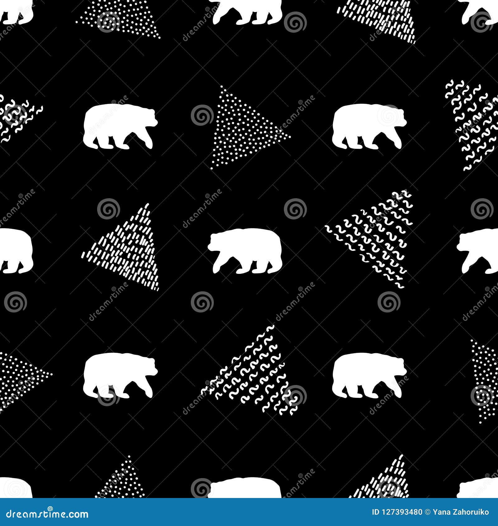 Seamless Pattern with White Bear and Triangles on the Black Back Stock ...