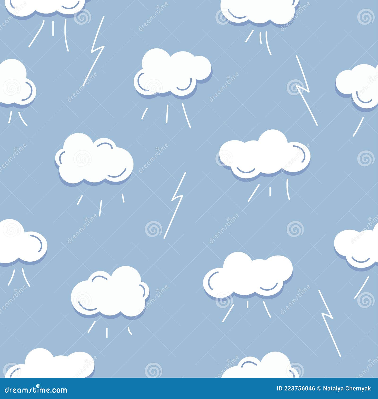 Seamless Pattern with White Cloud, Rain, Thunderstorm on Blue ...