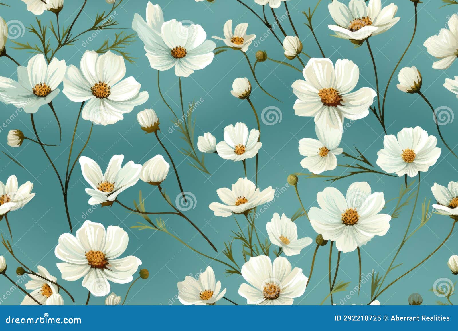 Seamless Pattern with White Cosmos Flowers on a Turquoise Background ...