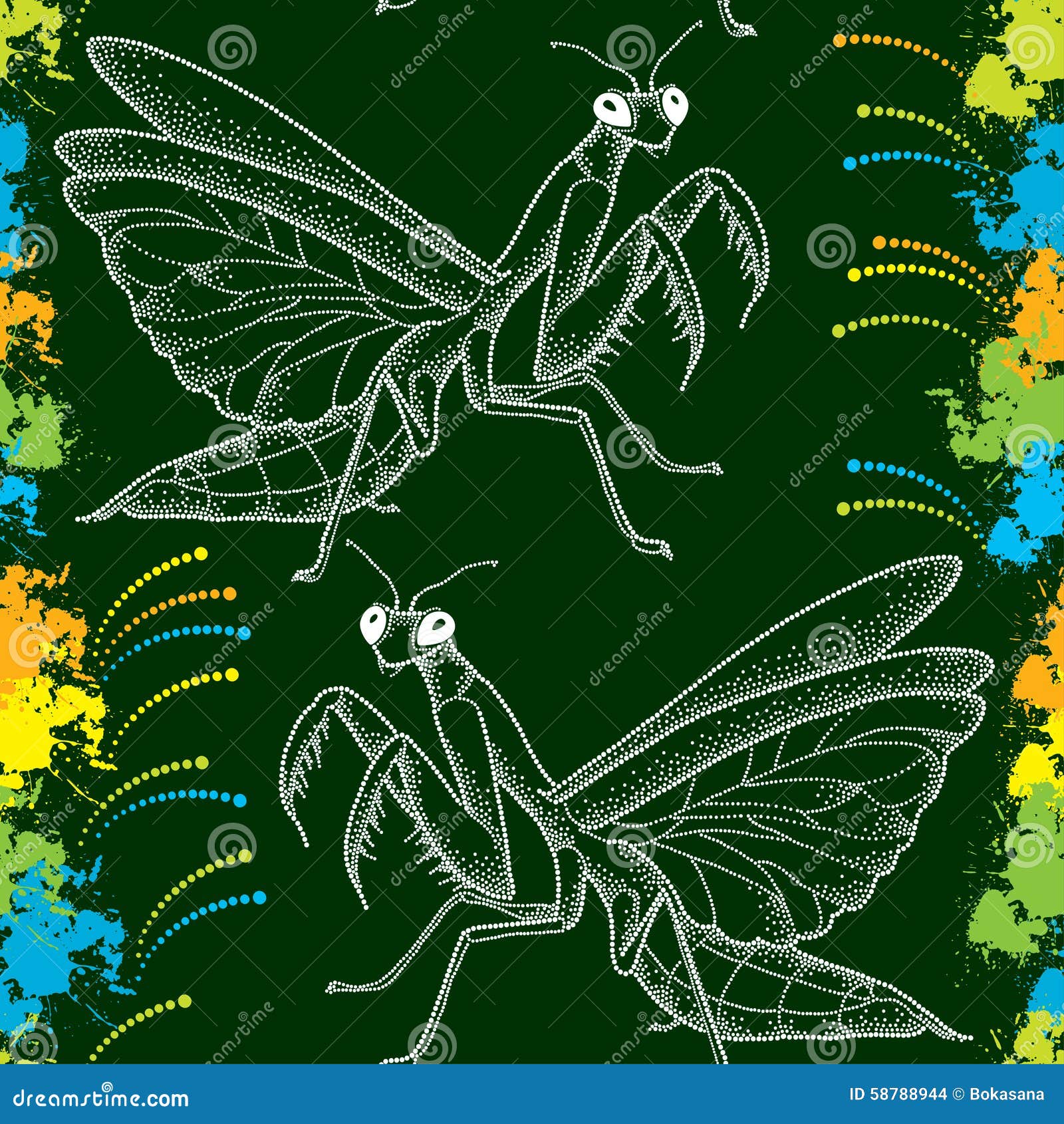 Seamless Pattern with White Dotted Mantis Religiosa or Praying Mantis ...