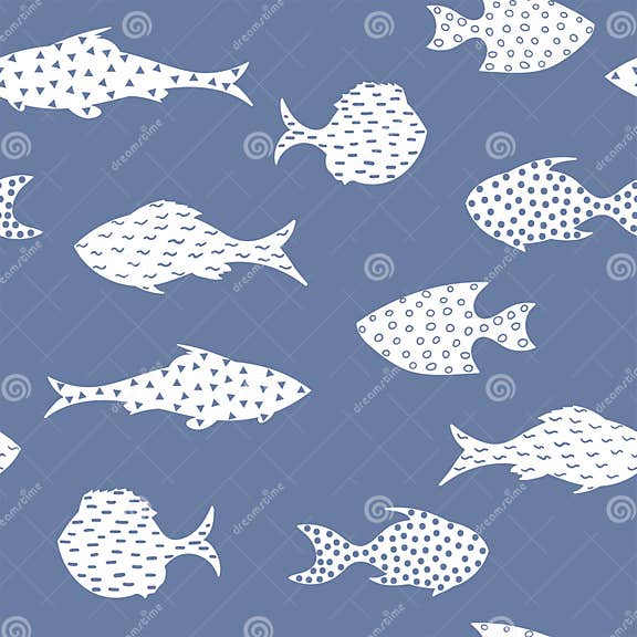 Seamless Pattern with White Fish on a Blue Background. Vector. Stock ...