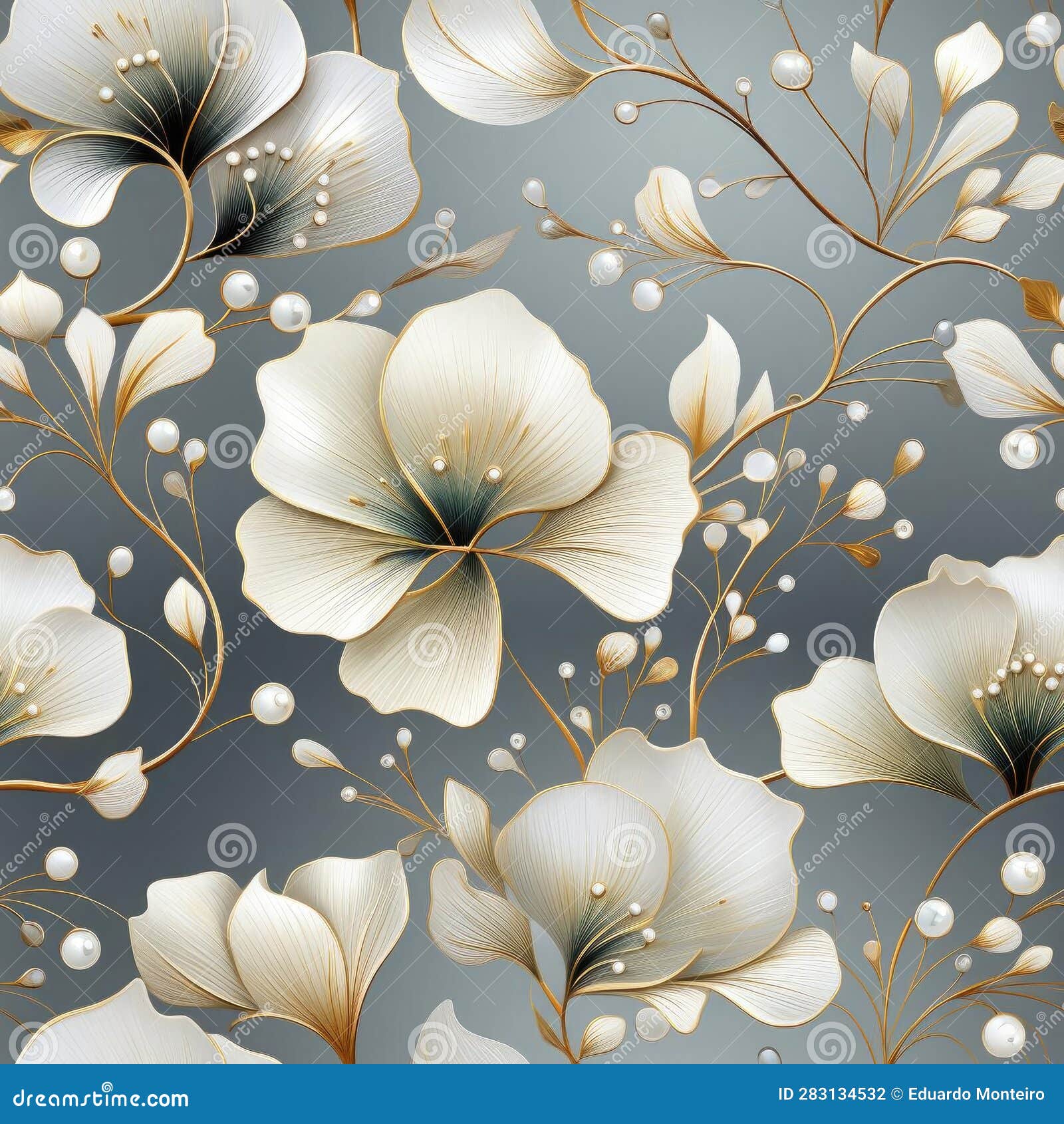 Seamless Pattern of White Flowers, Pearls, and Leaves with Realistic ...