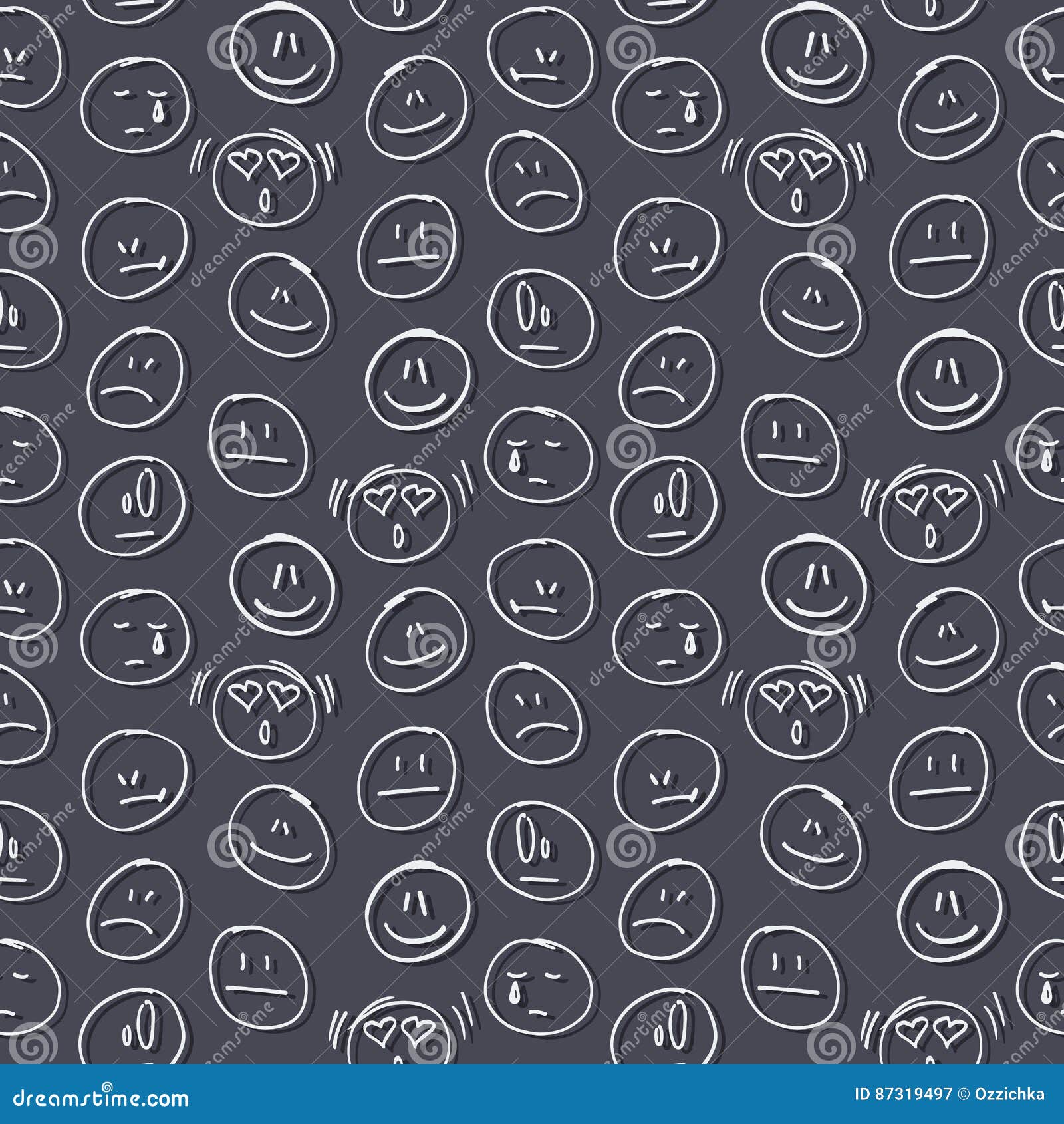 Seamless Pattern with White Hand Drawn Linear Emoticons on Dark Grey ...