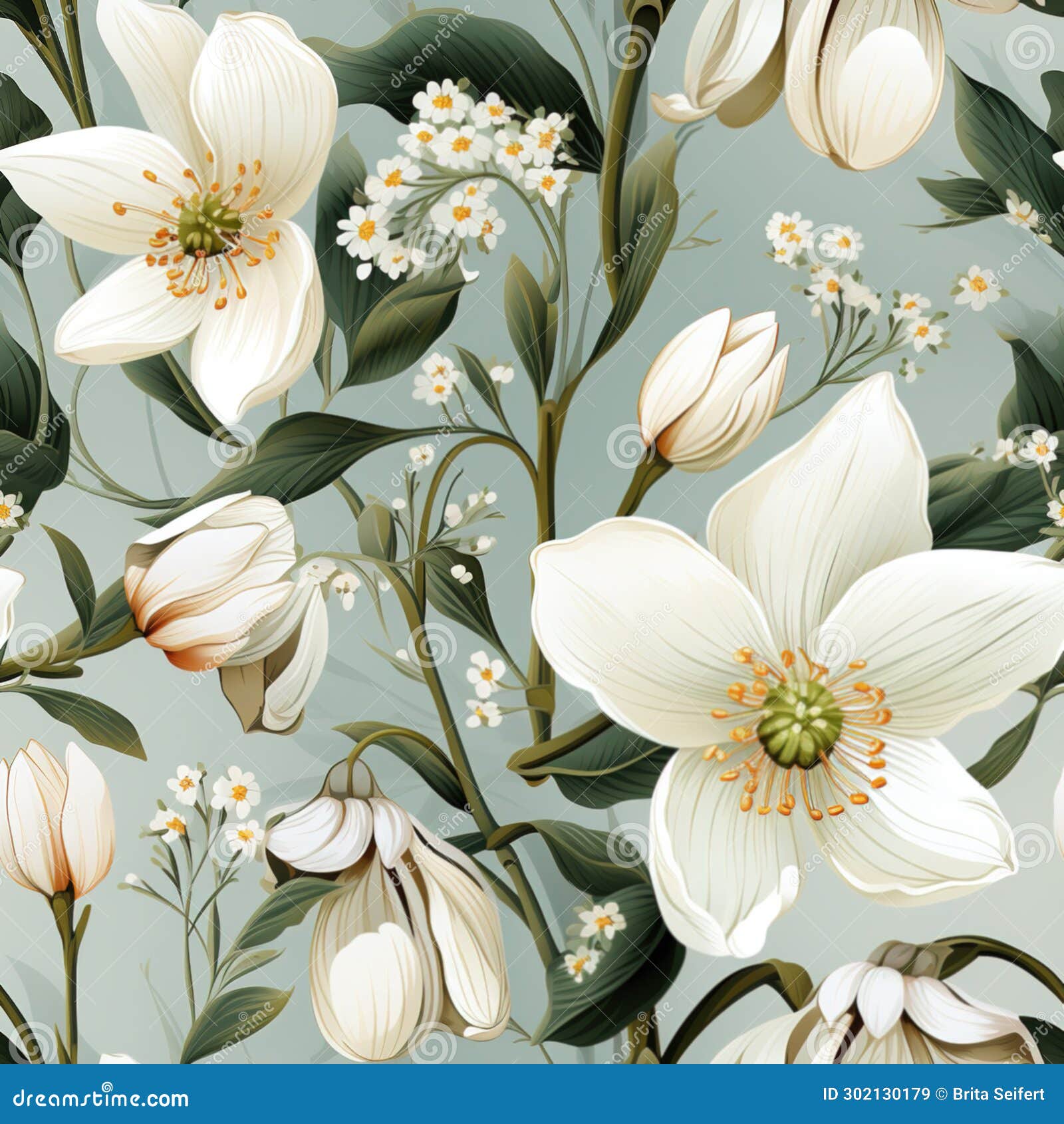 Seamless Pattern of White Jasmine Flowers and Leaves. Background for ...