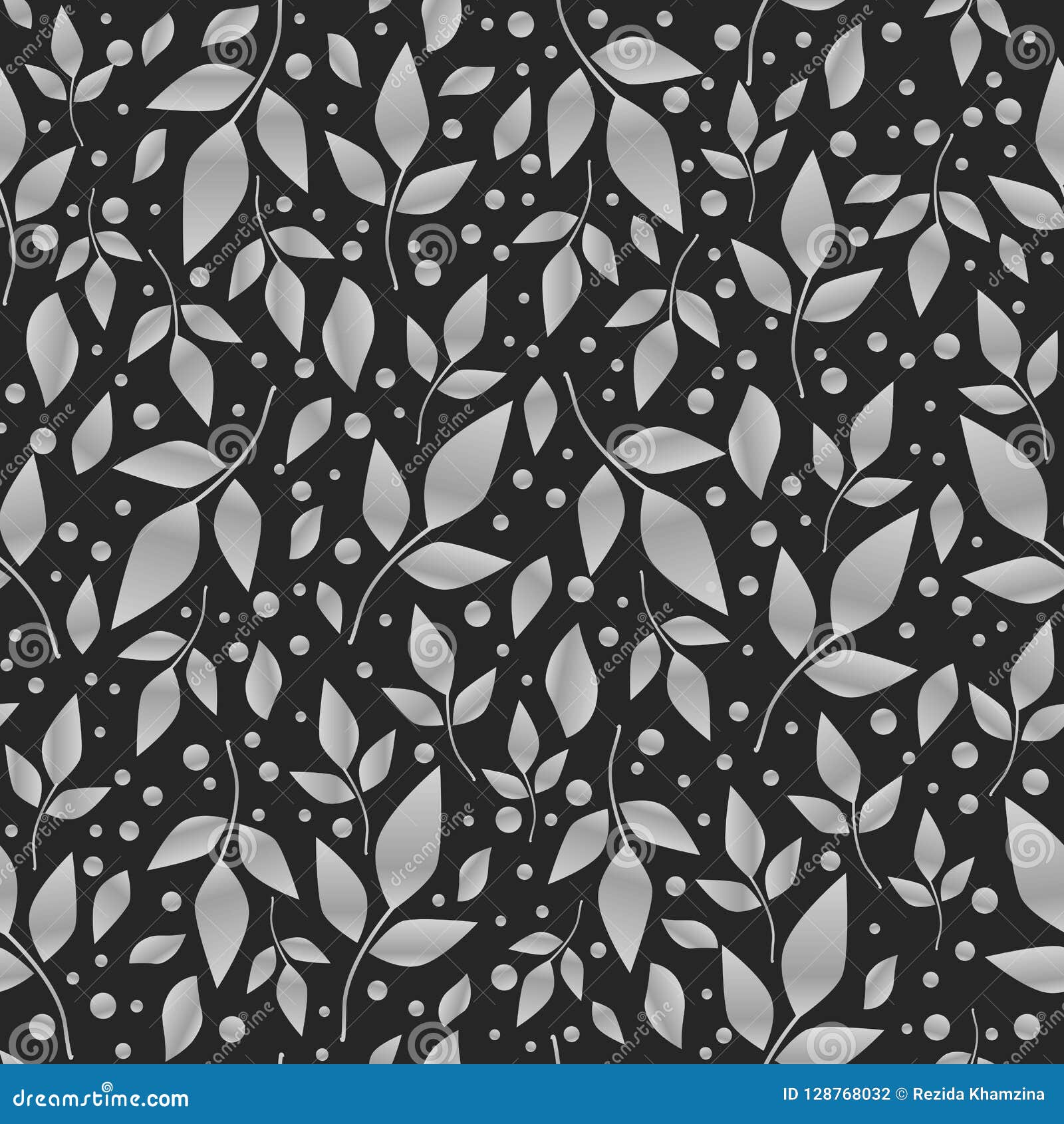 Seamless Pattern with White Leaves and Dots on Dark Background Stylised ...