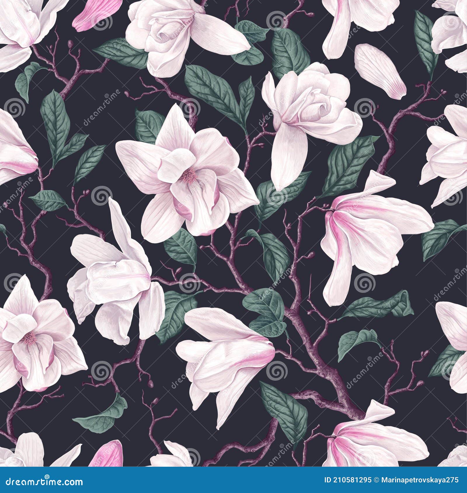 Seamless Pattern with White Magnolia on Dark Background. Stock Vector ...