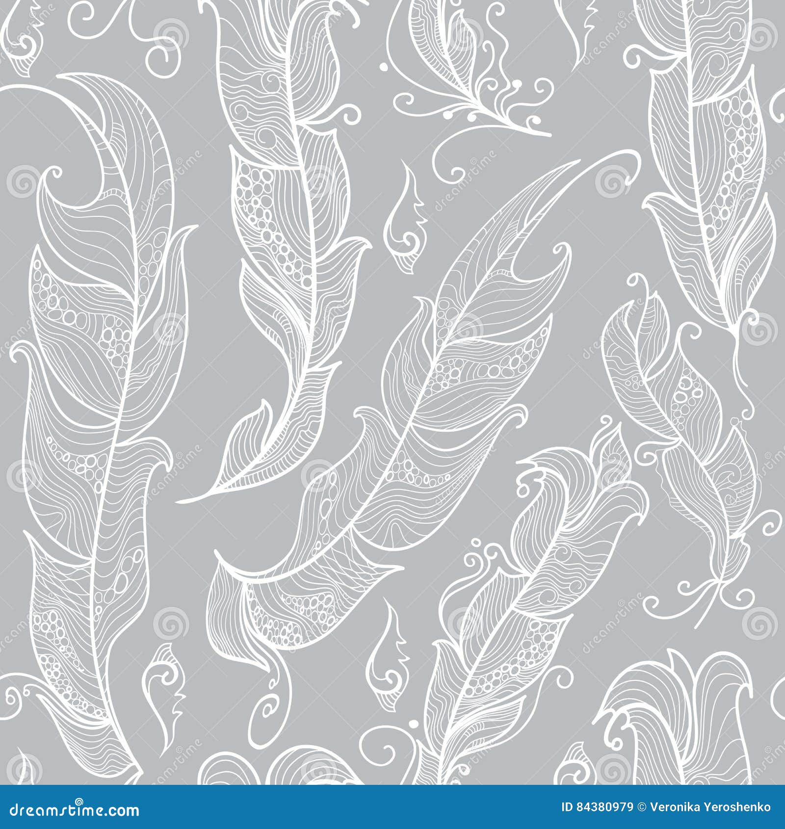 Seamless Pattern with White Outline Feathers Isolated on Grey. Stock ...
