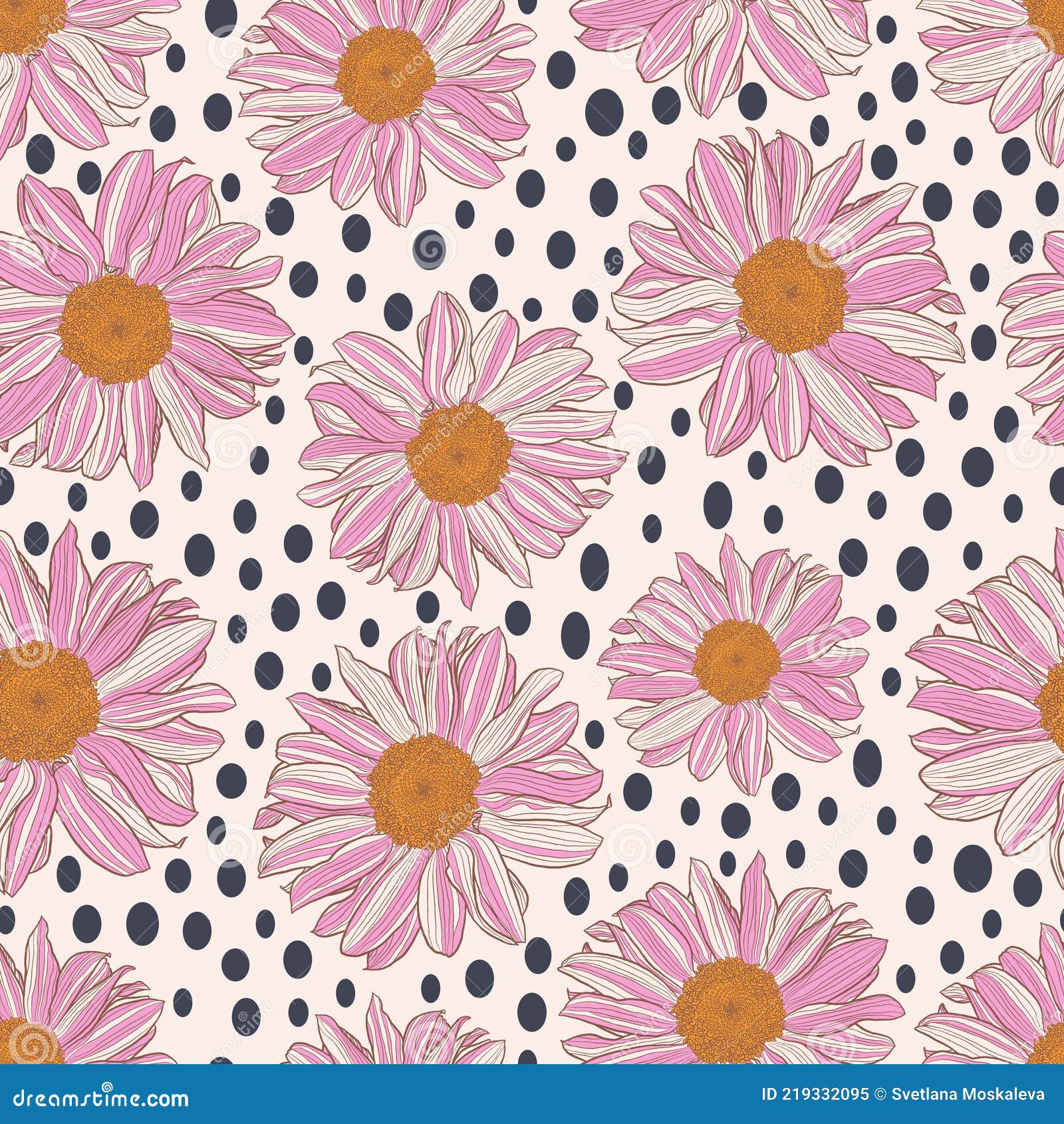 Seamless Pattern of White-pink Daisies and Dark Grey-violet Polka Dot ... Seamless Pattern of White-pink Daisies and Dark Grey-violet Polka Dot ...