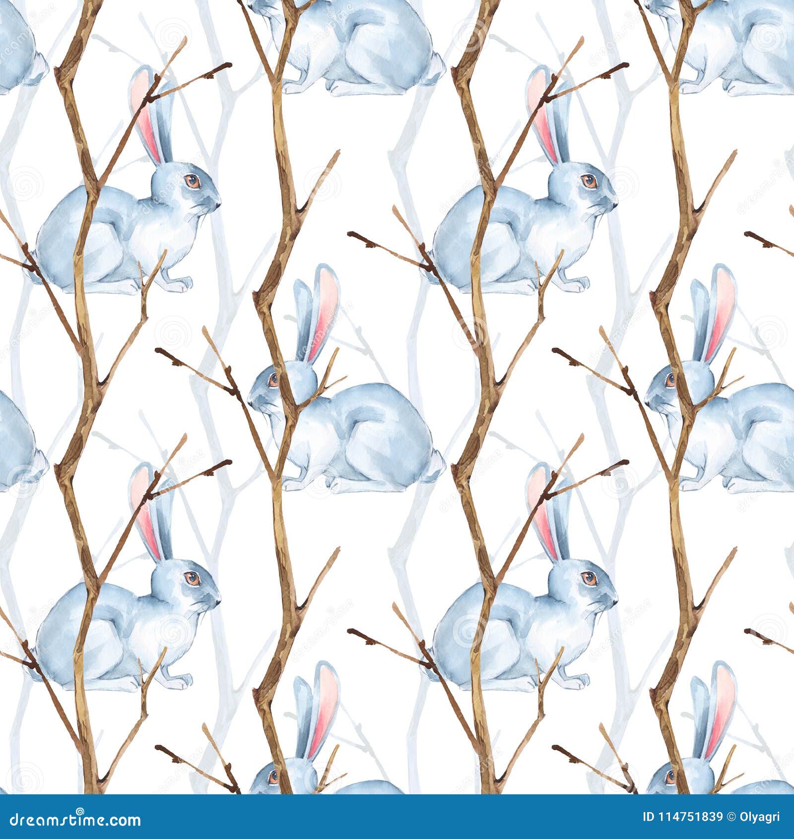 Seamless Pattern with White Rabbits and Dry Branches Stock Illustration ...
