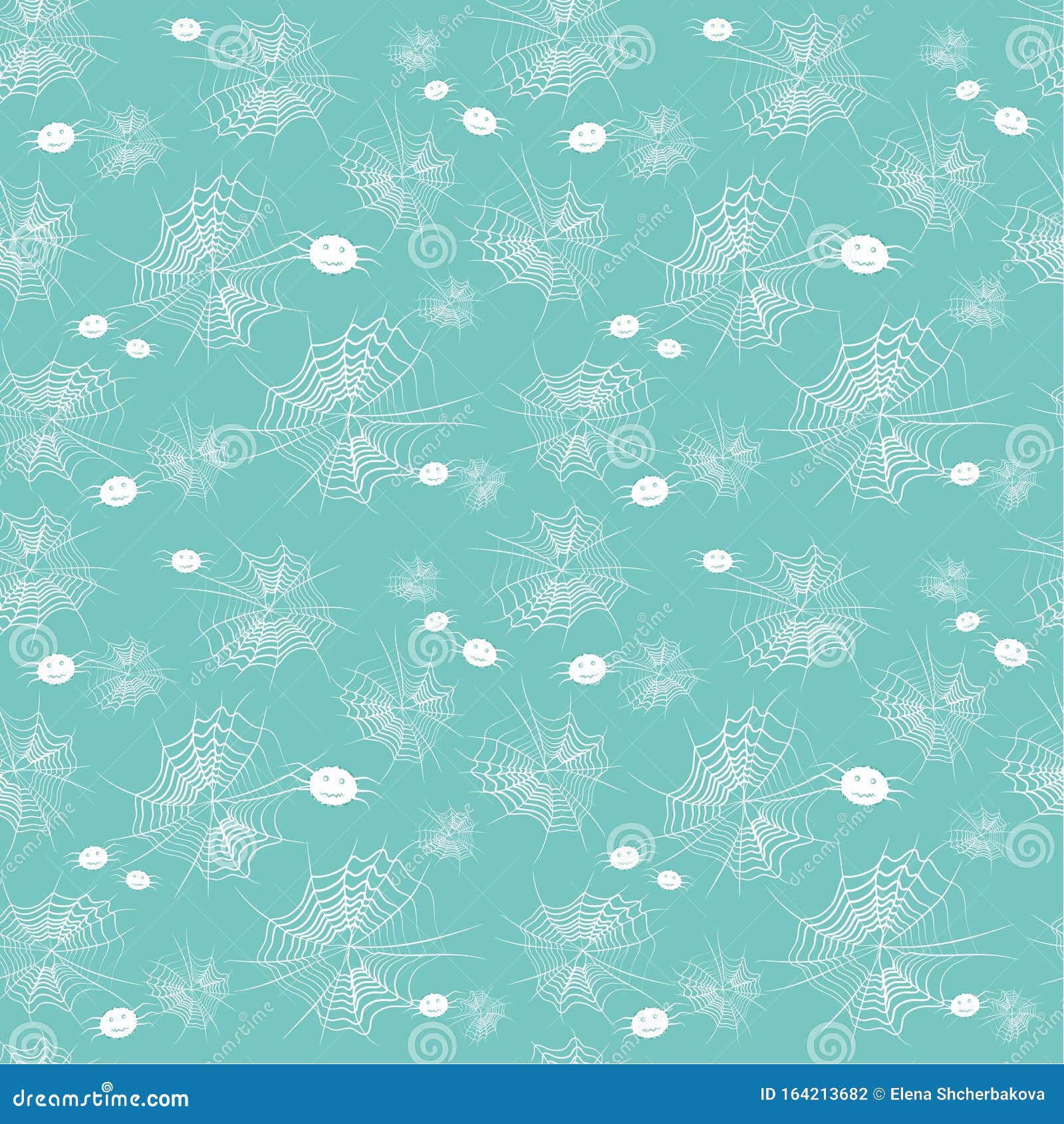 Seamless Pattern: White Spider Webs And Spiders On A Blue Background ...