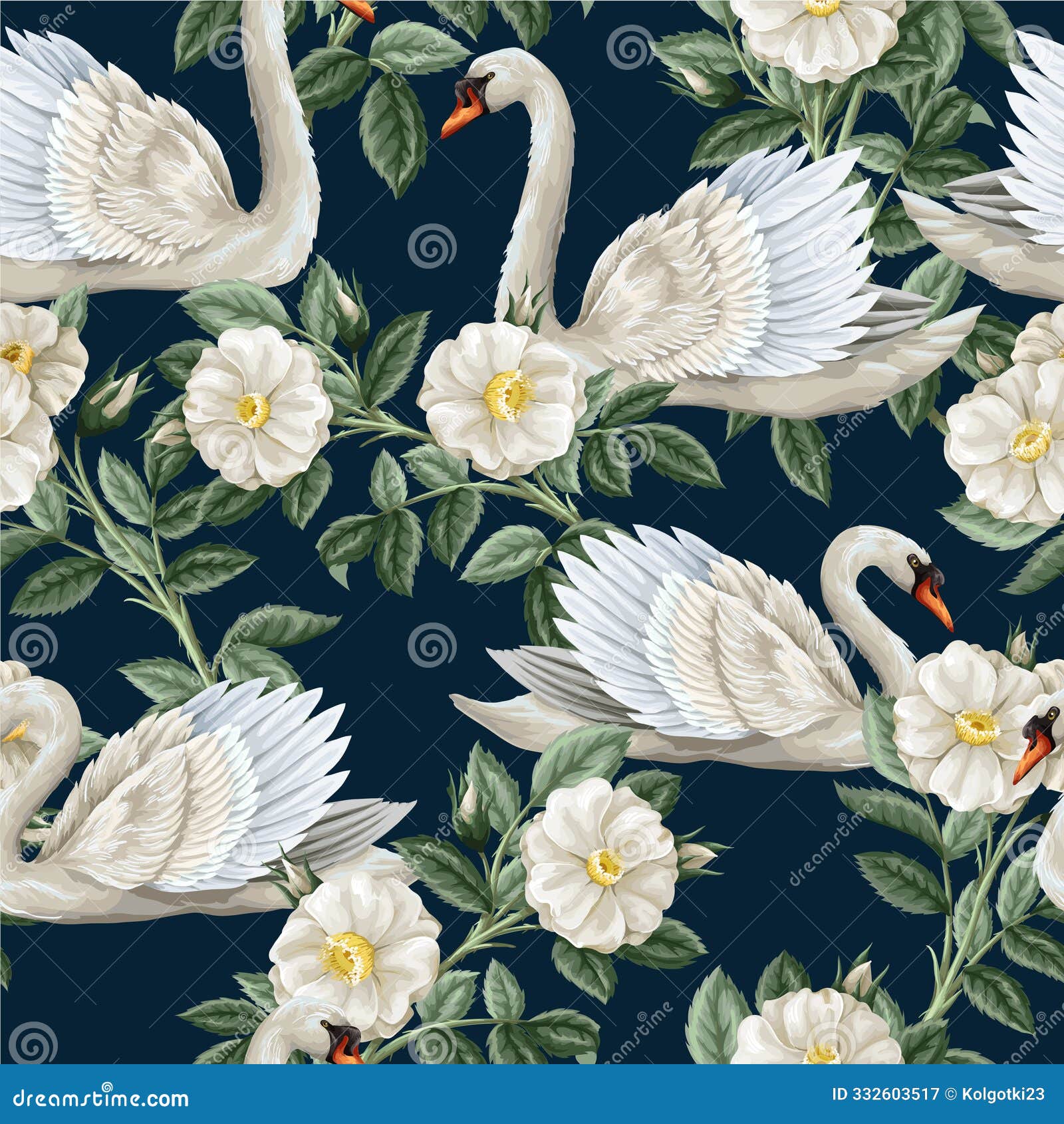 Seamless Pattern with White Swan and Roses. Vector. Stock Illustration ...