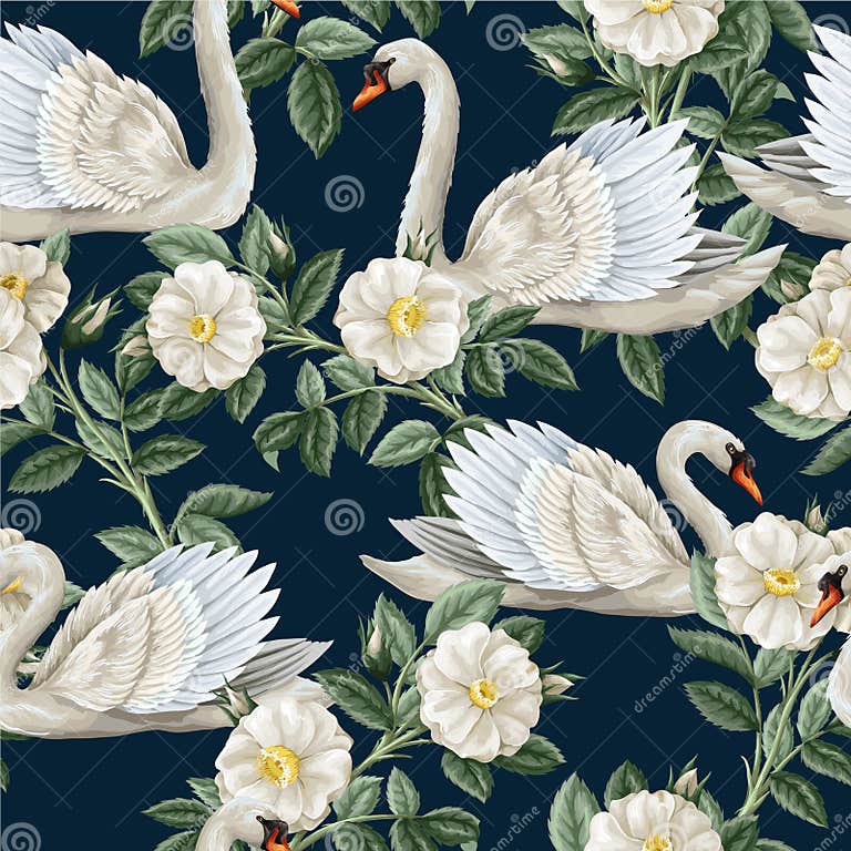 Seamless Pattern with White Swan and Roses. Vector. Stock Illustration ...