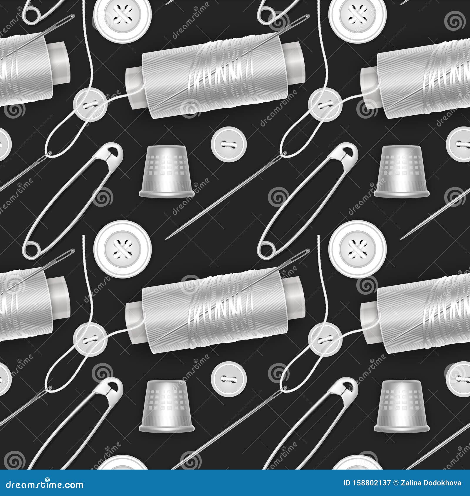 Seamless Pattern with White Thread, White Buttons, Needle and Pin for ...