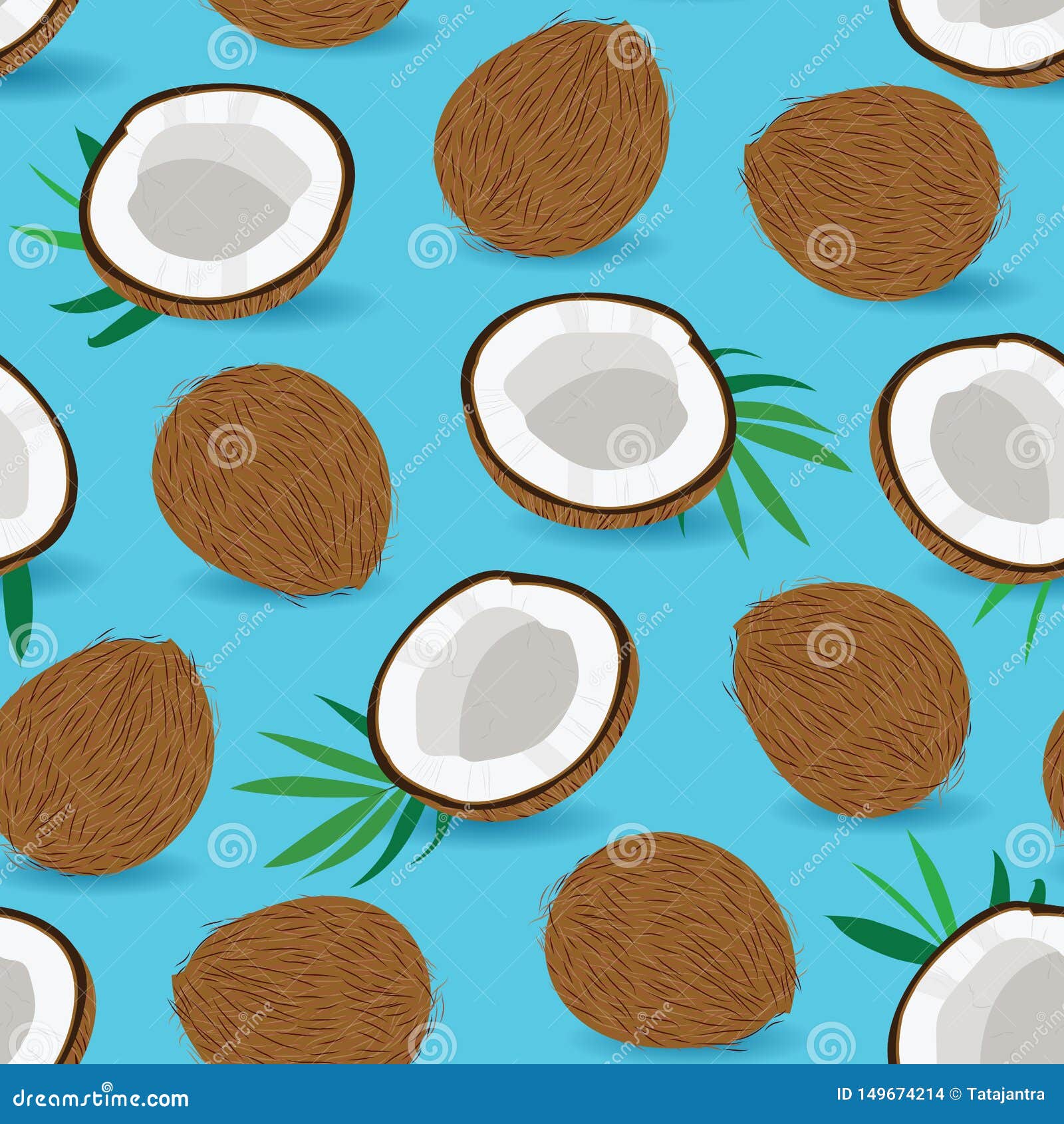 Seamless Pattern Whole Coconut and Piece on Blue Background Stock ...