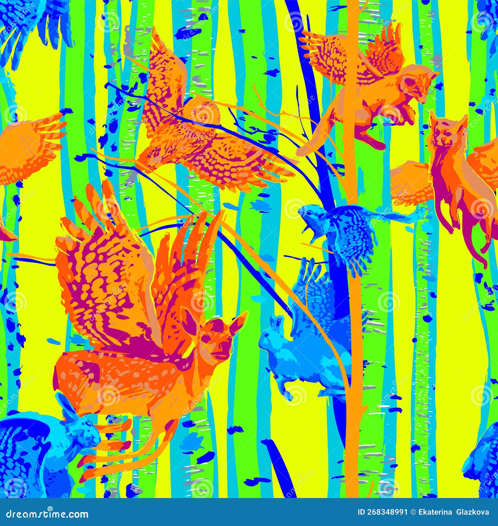 Seamless Pattern of Winged Forest Animals Flying among Birch Trunks ...