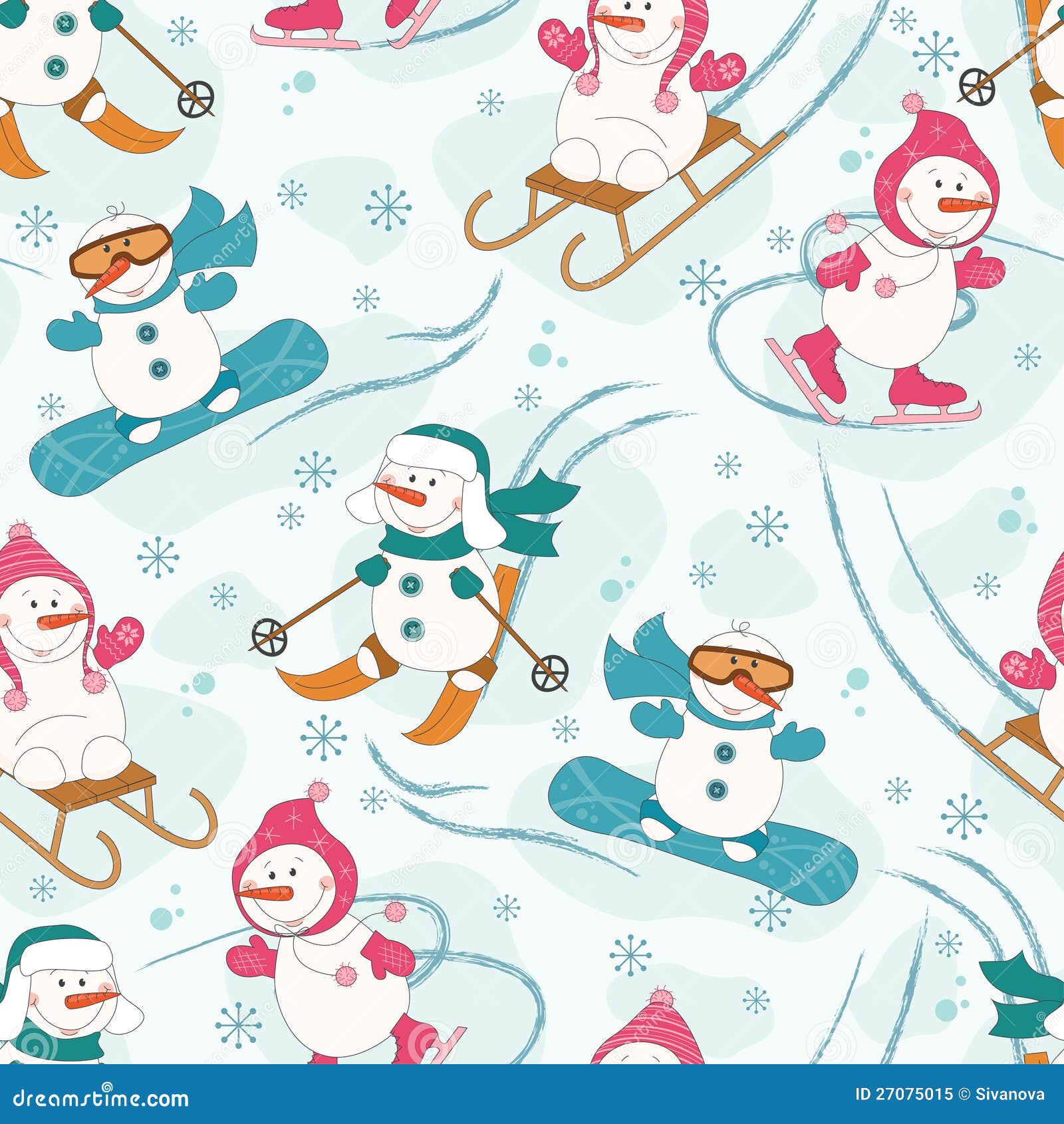 Seamless Pattern with Winter Sport Snowman Stock Vector - Illustration ...