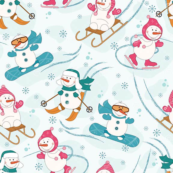 Seamless Pattern with Winter Sport Snowman Stock Vector - Illustration ...
