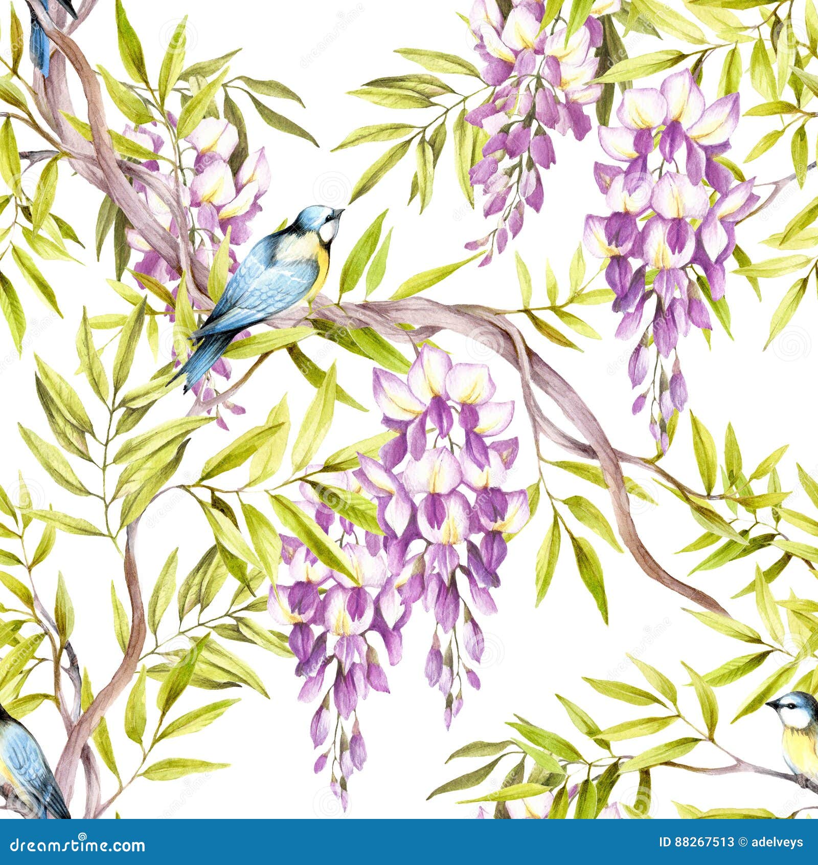 Seamless Pattern with Wisteria. Hand Draw Watercolor Illustration Stock ...