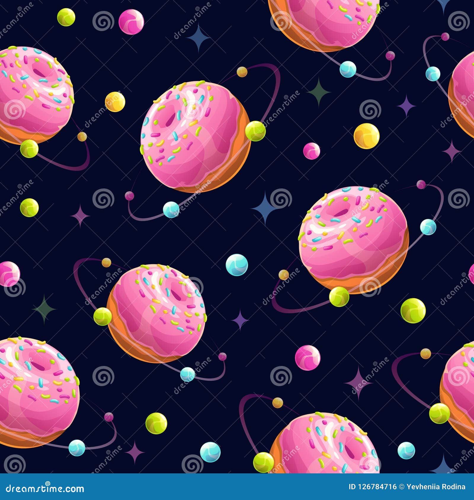 Seamless Pattern Wit Yummy Cartoon Donut Planets. Stock Vector ...