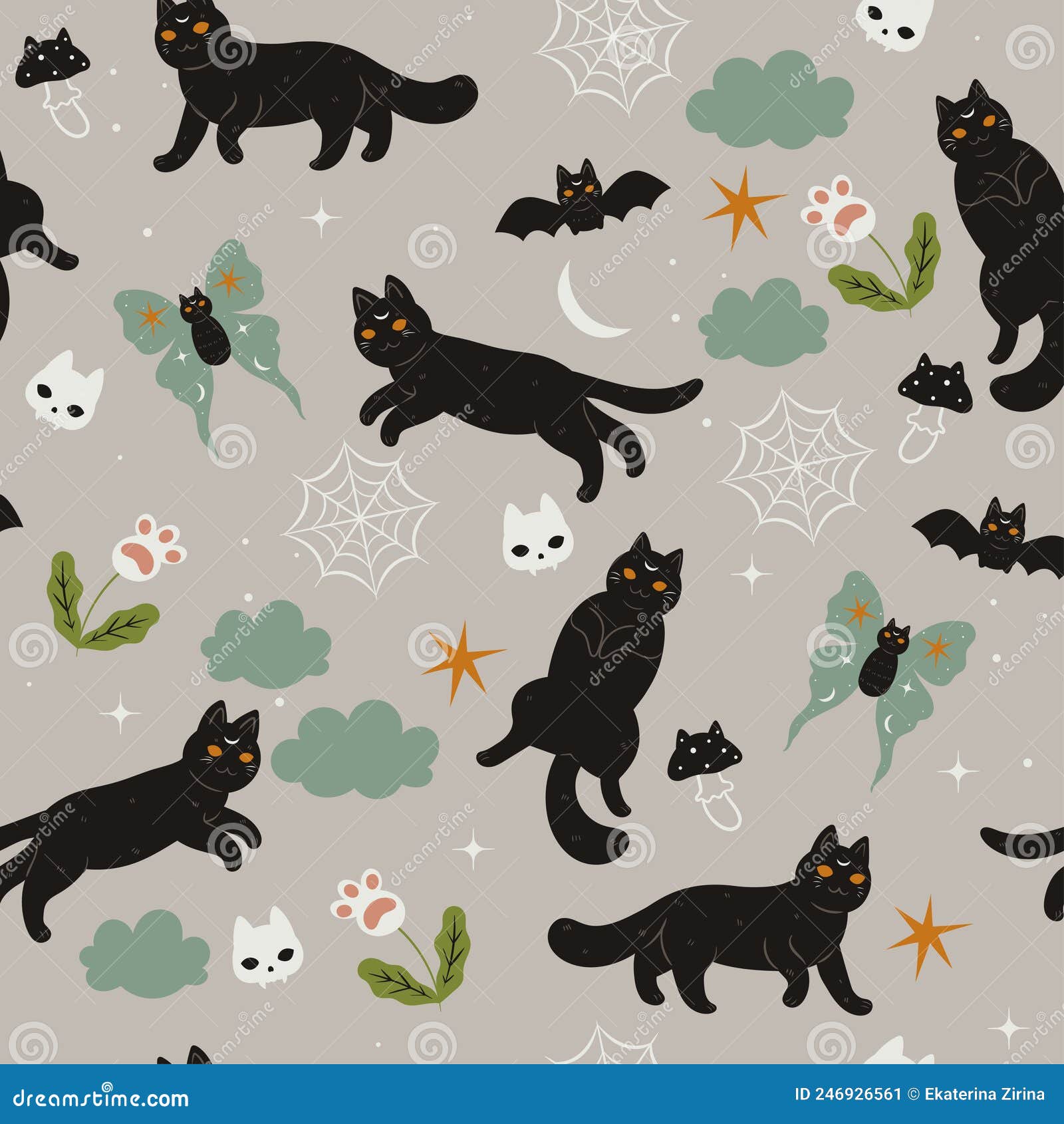 Seamless Pattern with Witch Magic Cats. Vector Graphics Stock ...