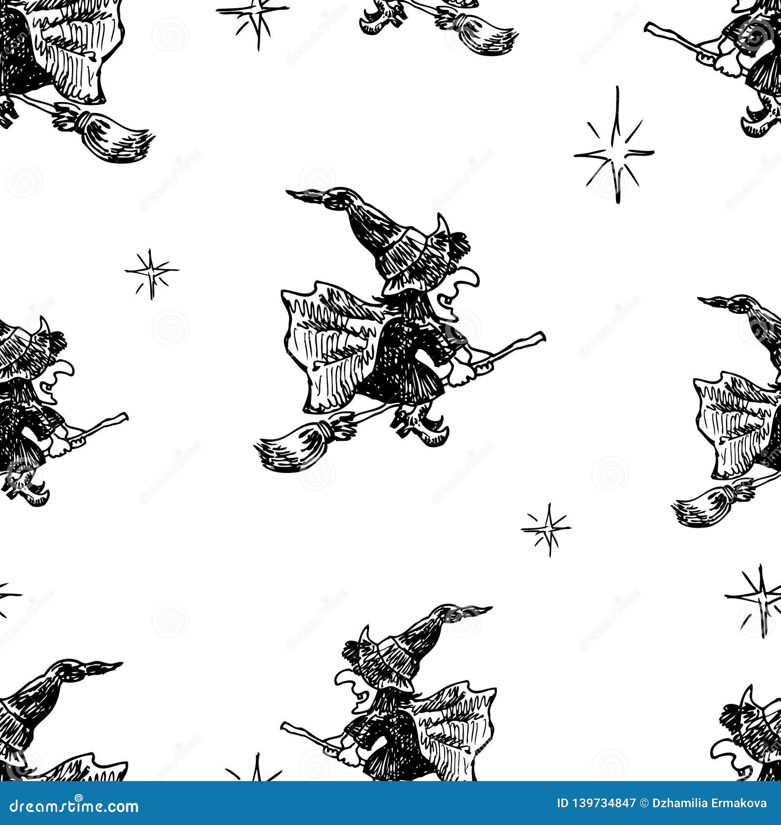 Seamless Pattern of Witches Flying on Brooms Stock Vector ...