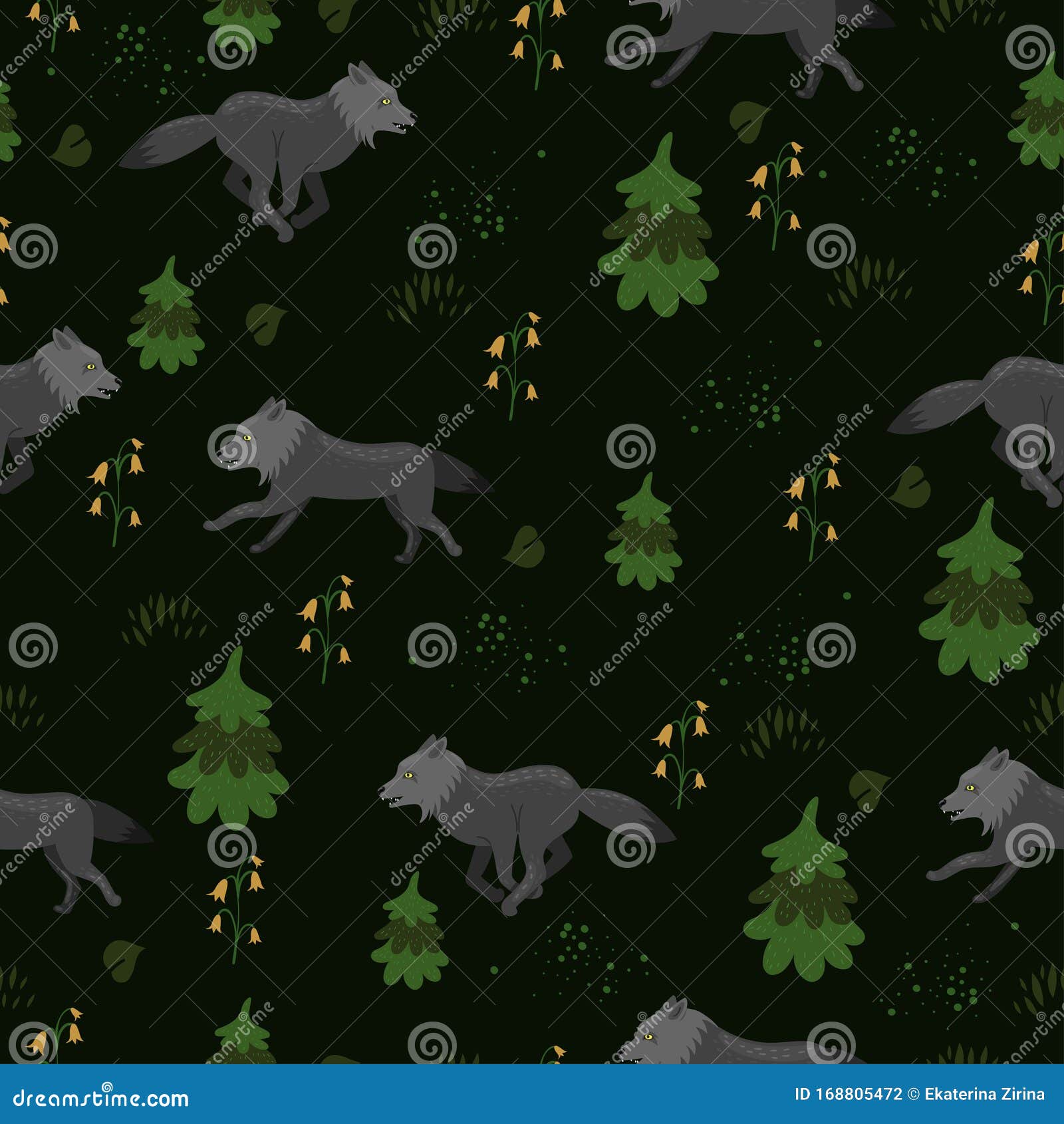 Seamless Pattern with Wolves in the Forest. Vector Graphics Stock ...