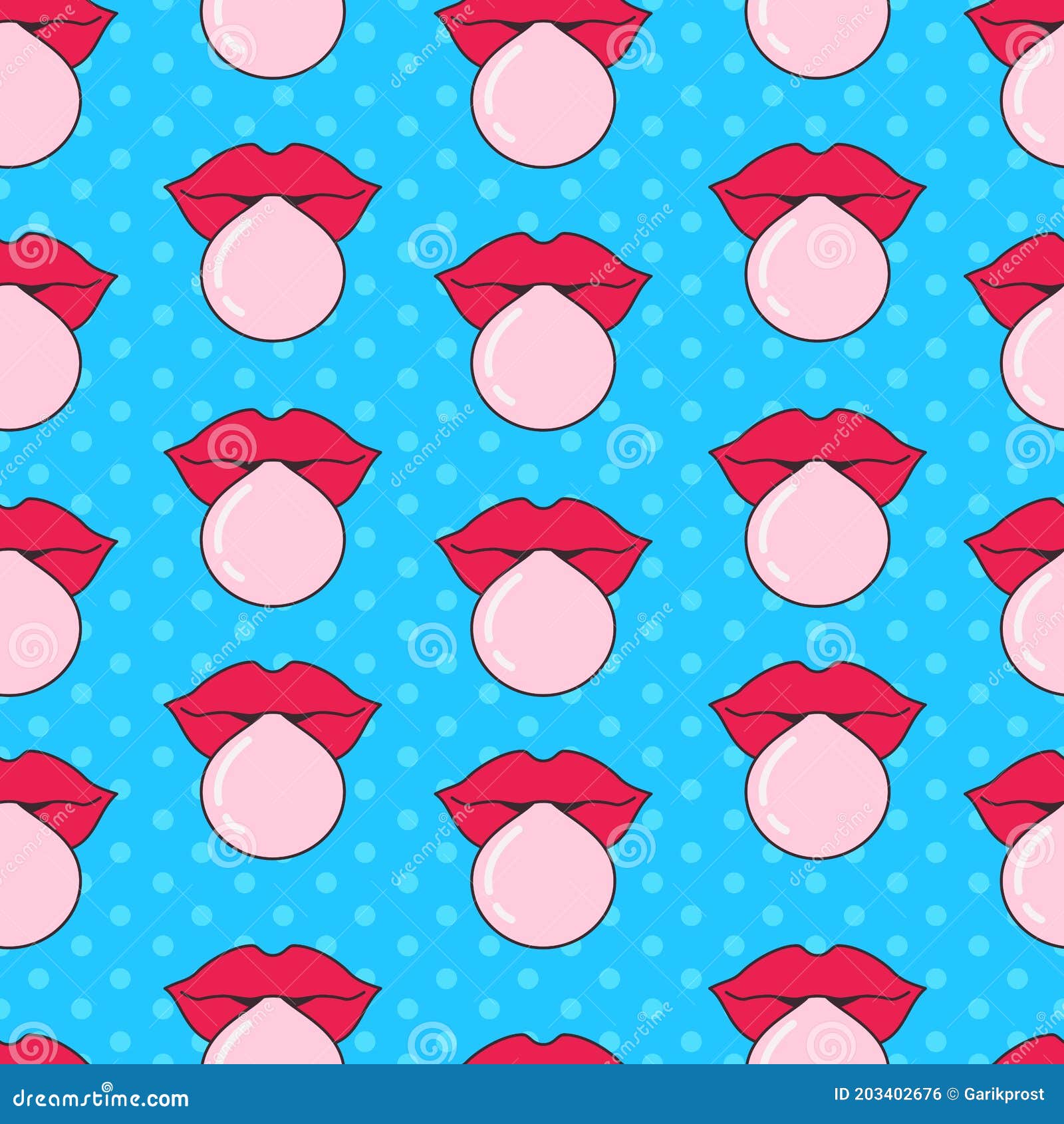 Seamless Pattern With Woman Pink Lips And Bubble Gum On Blue Pop