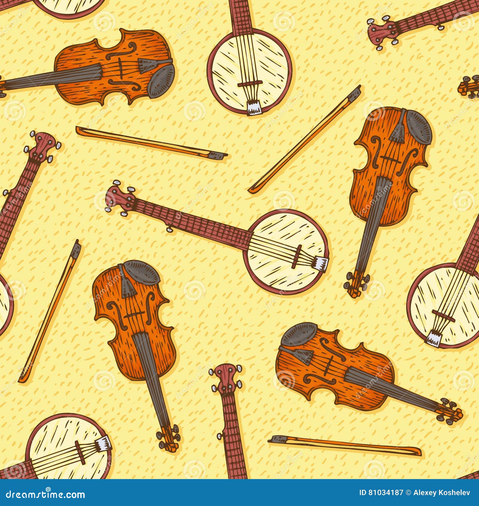 Seamless Pattern with Wooden Fiddle and Banjo Stock Vector ...