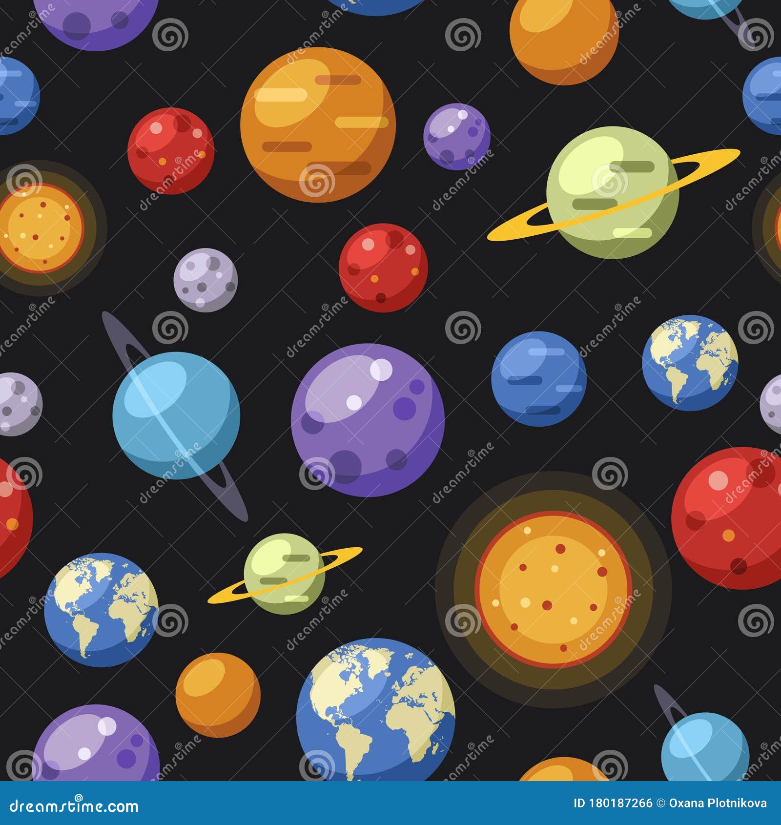 Seamless Pattern Wth Solar System Planets on Black Background. Sun and ...