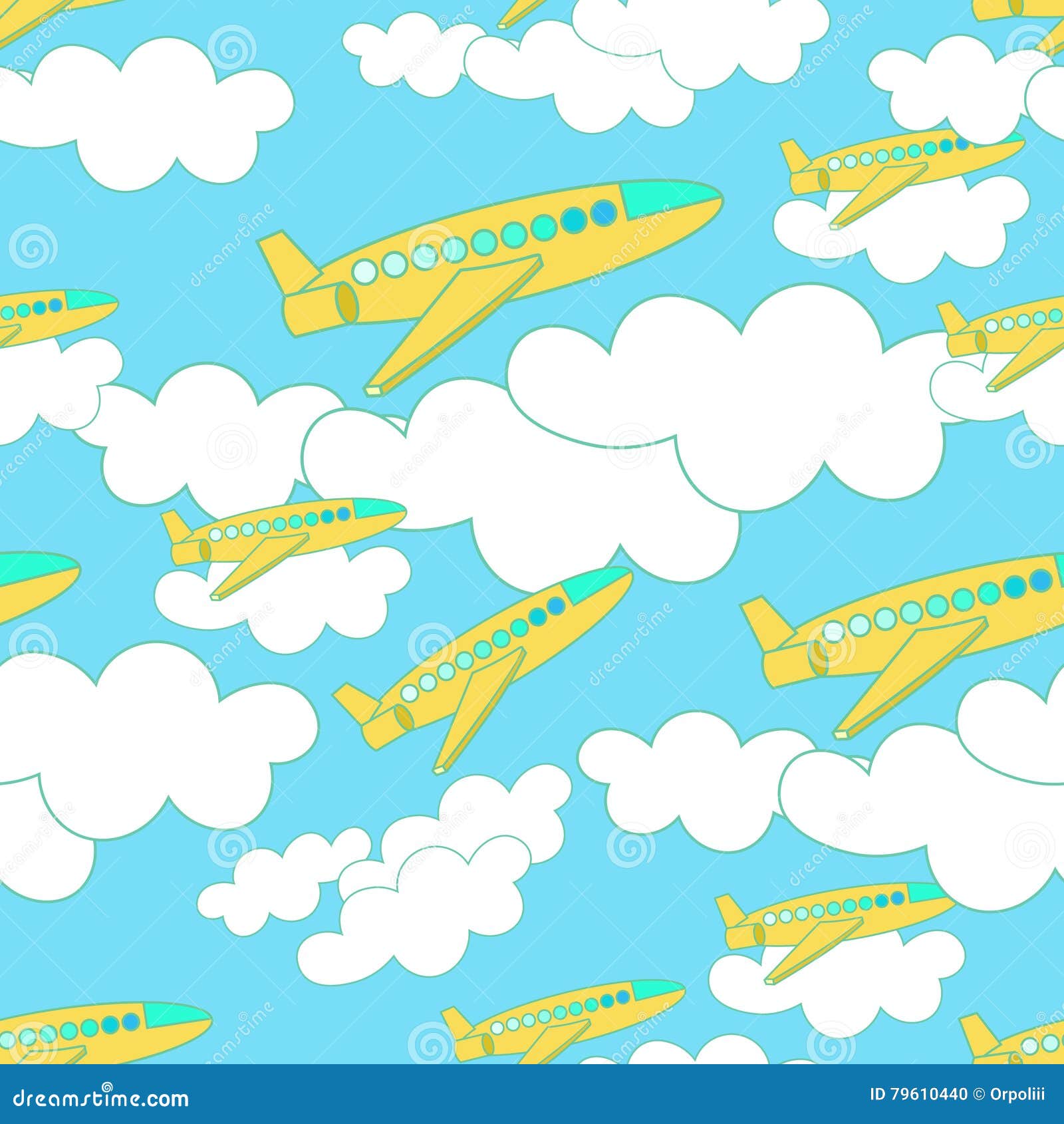 Seamless Pattern with Yellow Airplane and Clouds on Sky Stock Vector ...