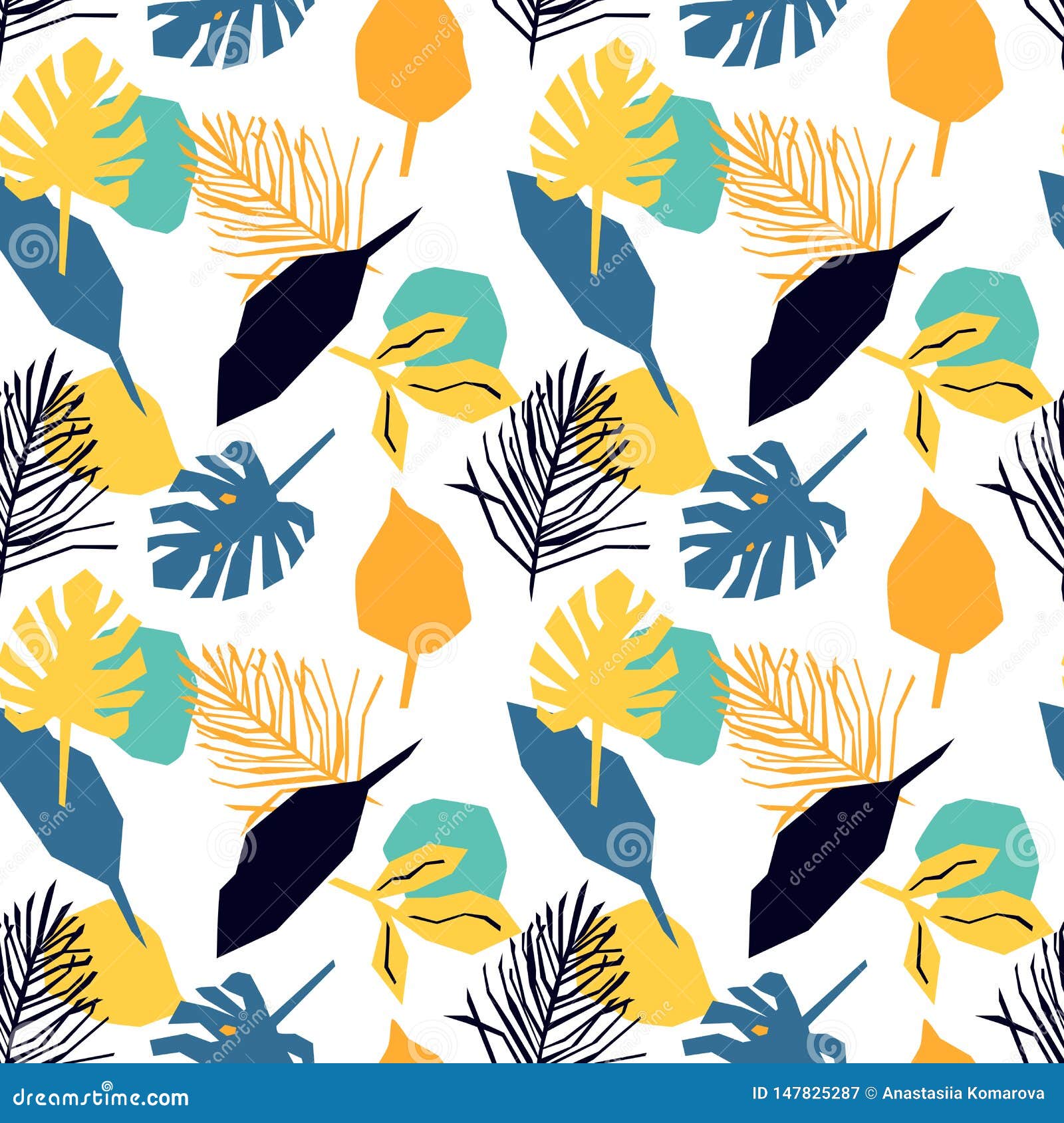 Seamless Pattern with Yellow and Blue Leaves. Stock Vector ...
