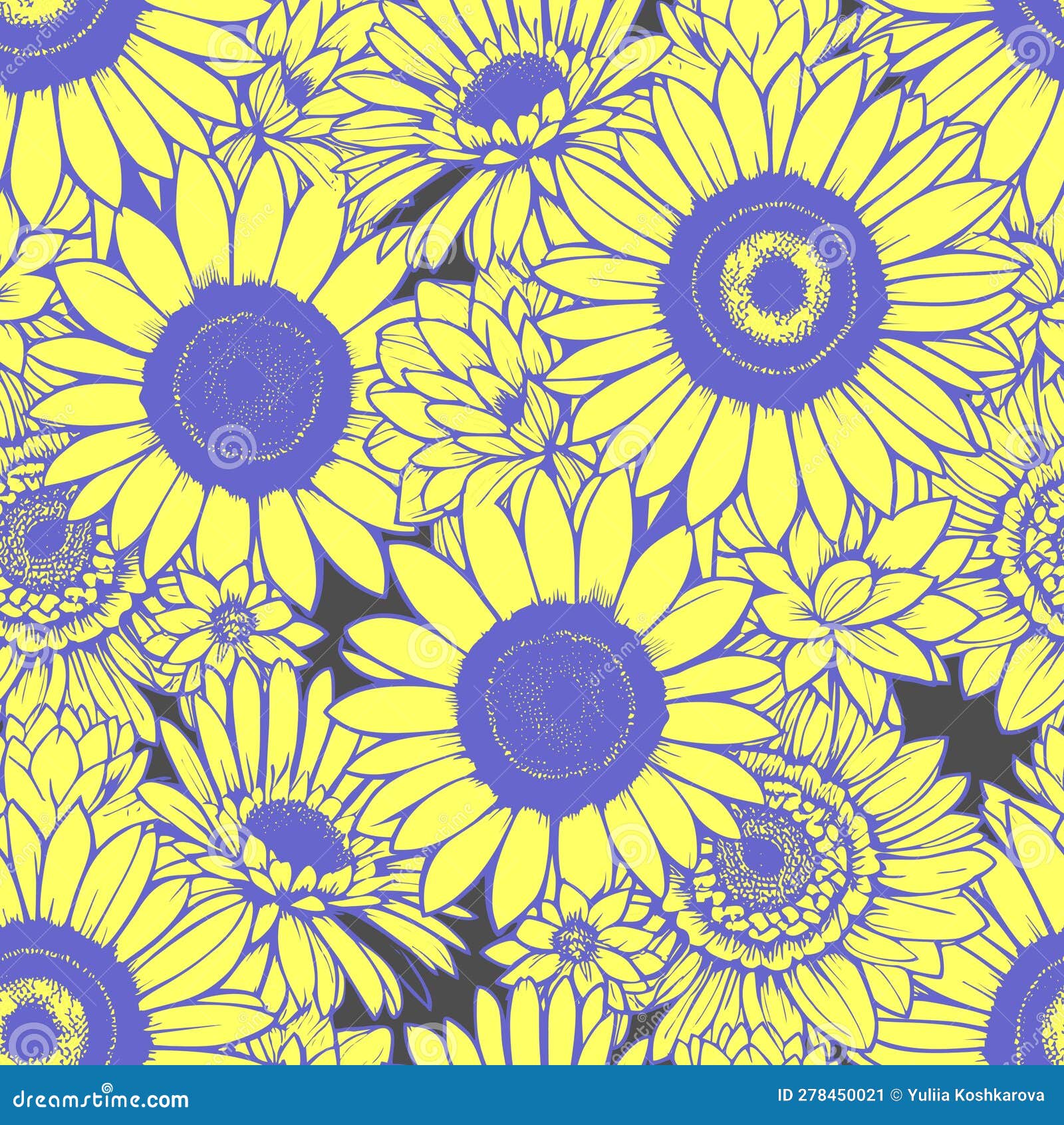 Seamless Pattern of Yellow Daisies with a Blue Outline on a Gray ...