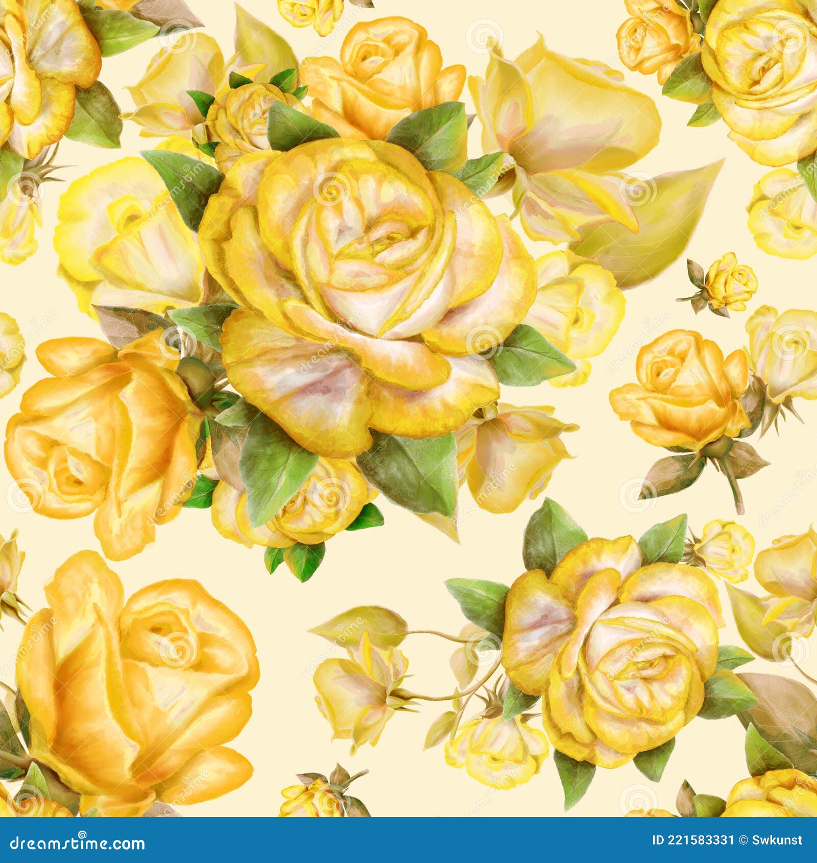 Seamless Pattern with Yellow Roses and Leaves on Background. Stock ...
