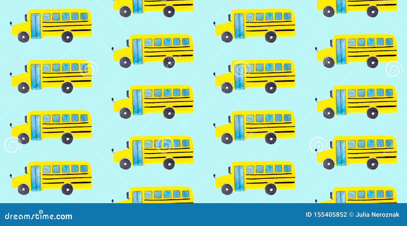 Seamless Pattern with Yellow School Bus on Blue Background Stock ...