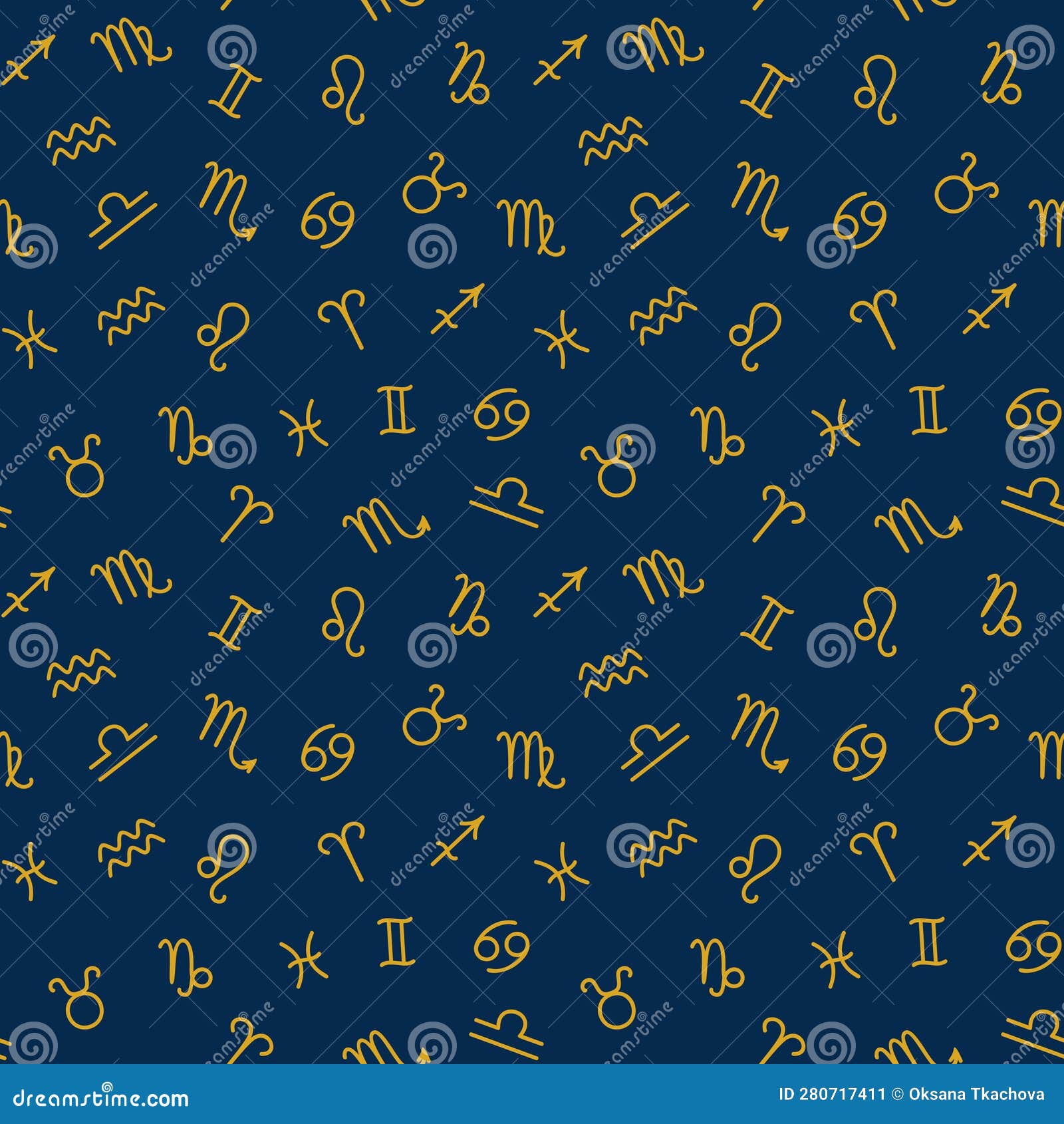Seamless Pattern of Yellow Zodiac Signs on a Dark Blue Background Stock ...