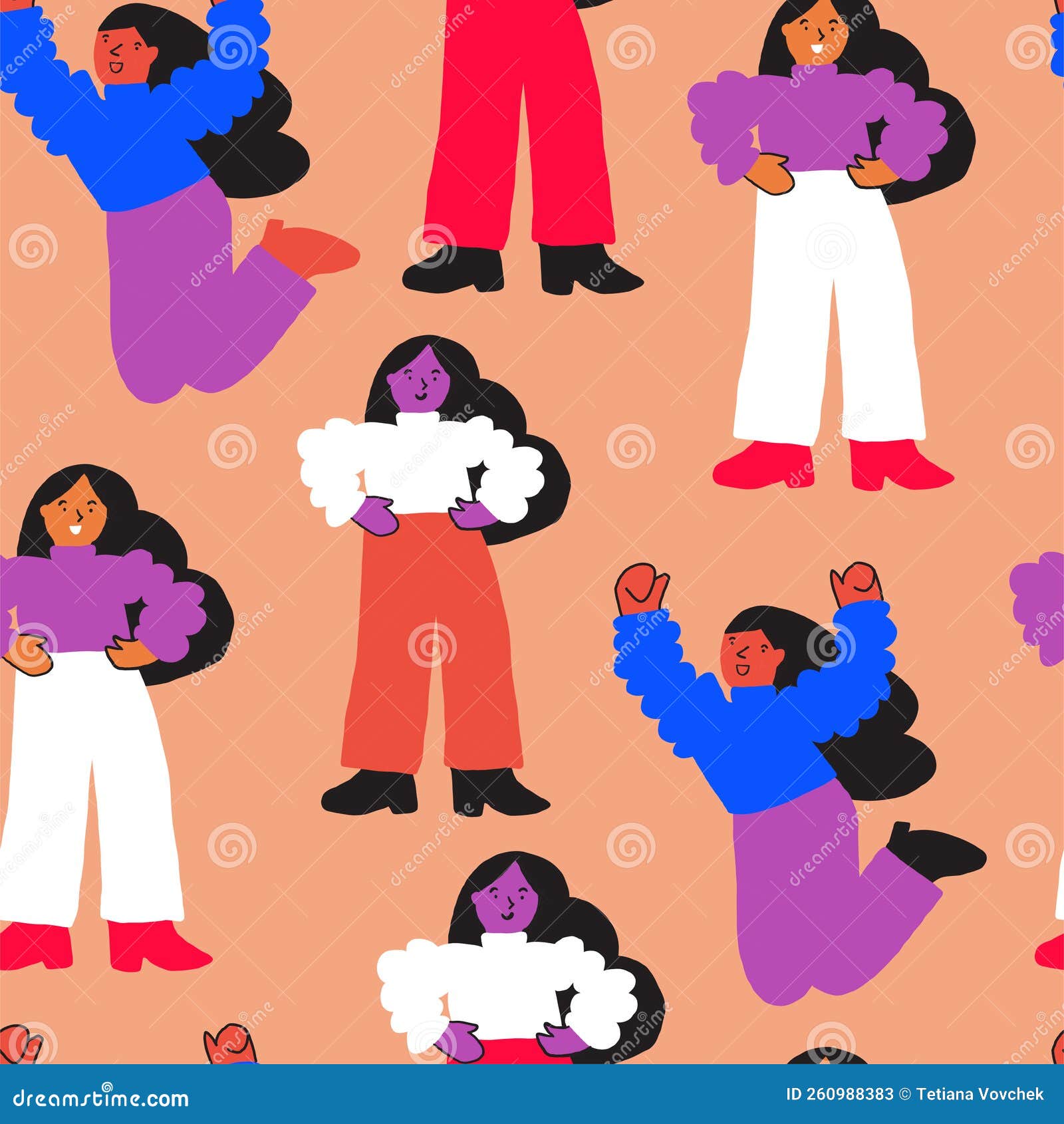 Seamless Pattern with Young Women of Different Races, Vector Flat ...
