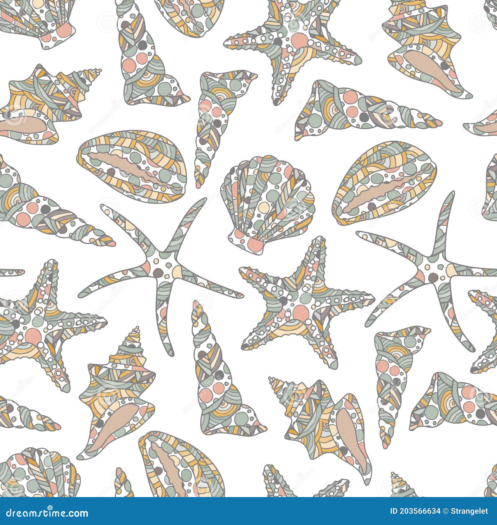 Seamless Pattern in Zen Art Style with Conch Shells and Seastars on ...