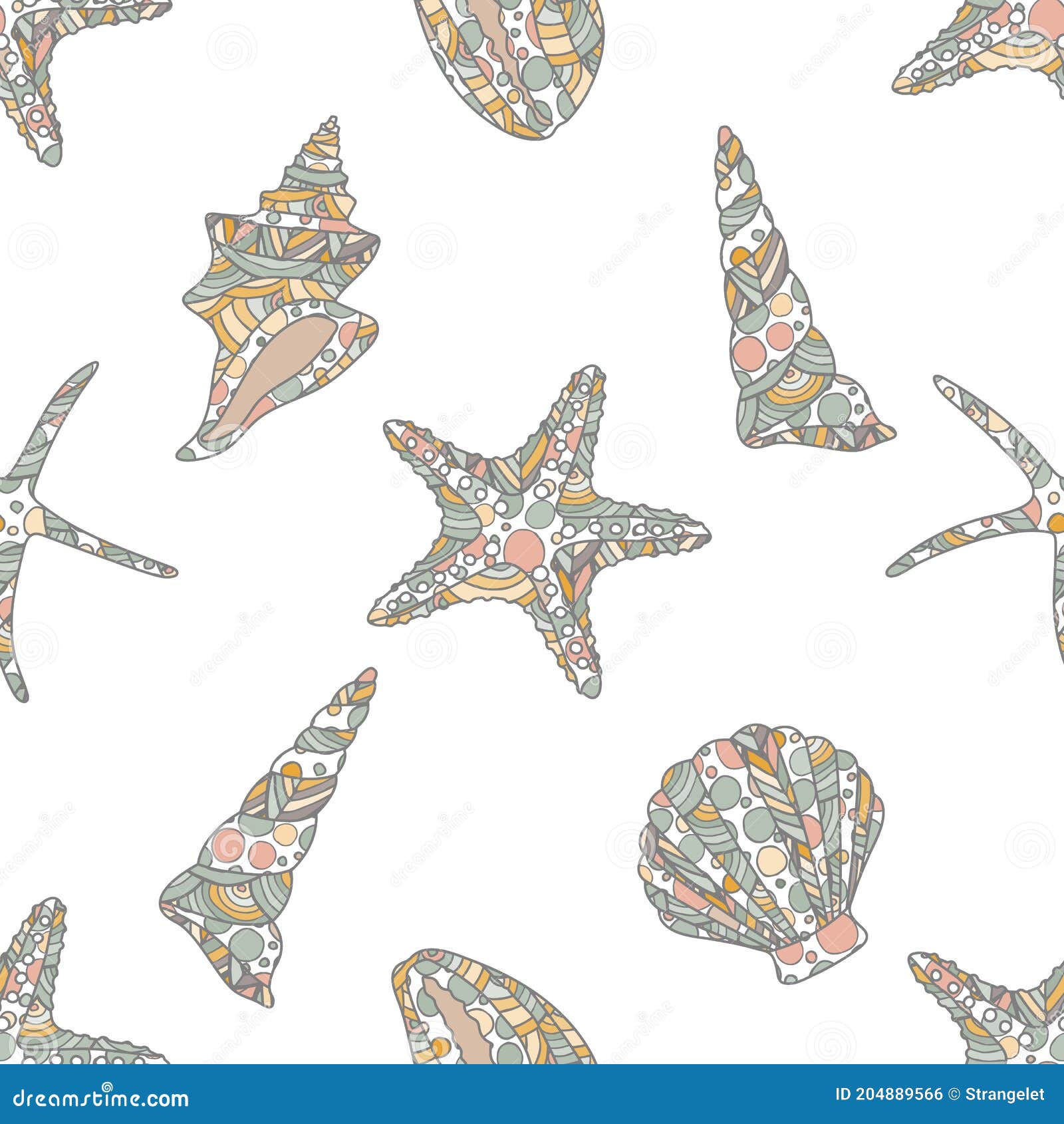 Seamless Pattern in Zen Art Style with Conch Shells and Seastars on ...