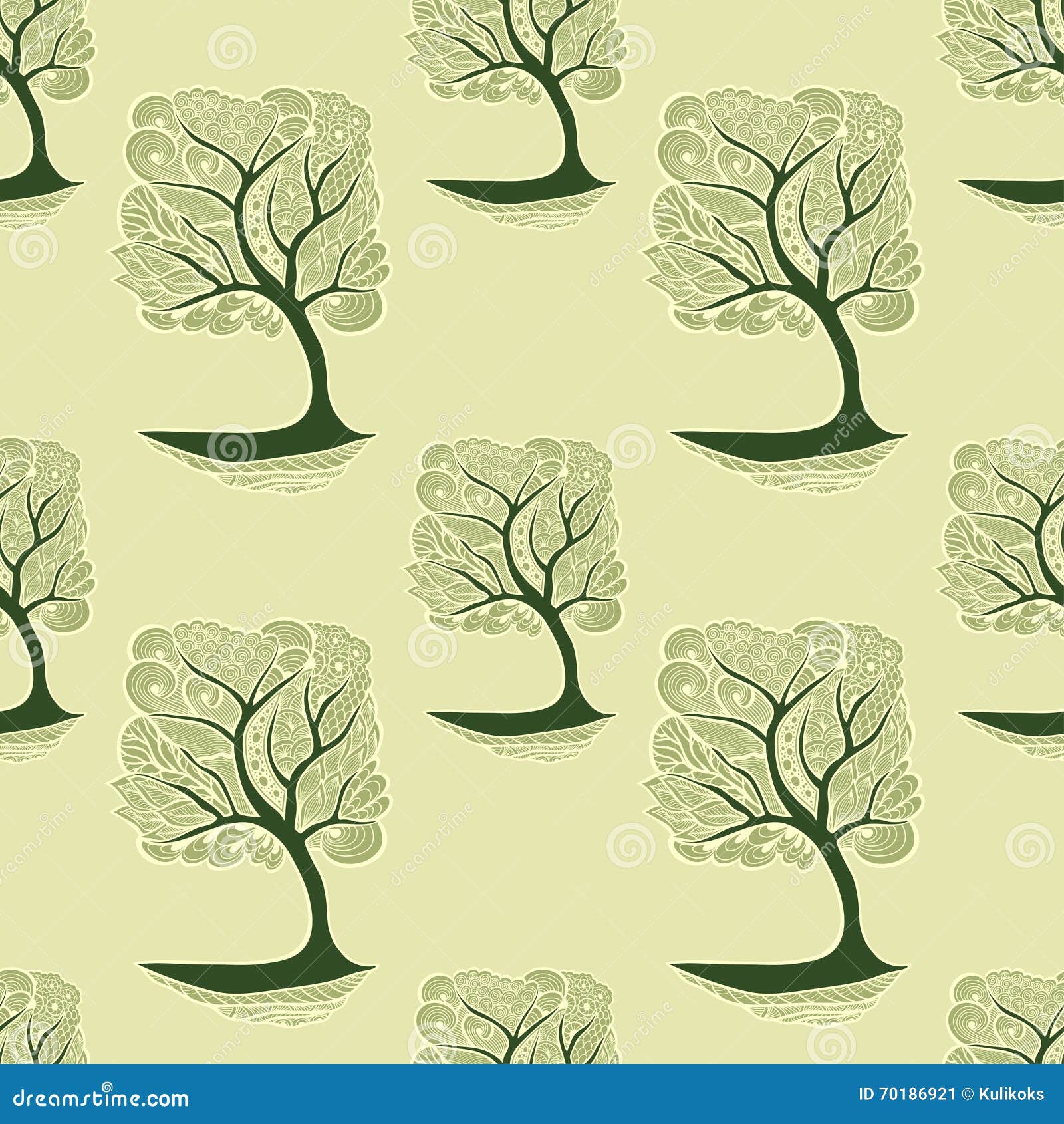 Seamless Pattern with Zen-tangle Tree in Green Olive Stock Vector ...
