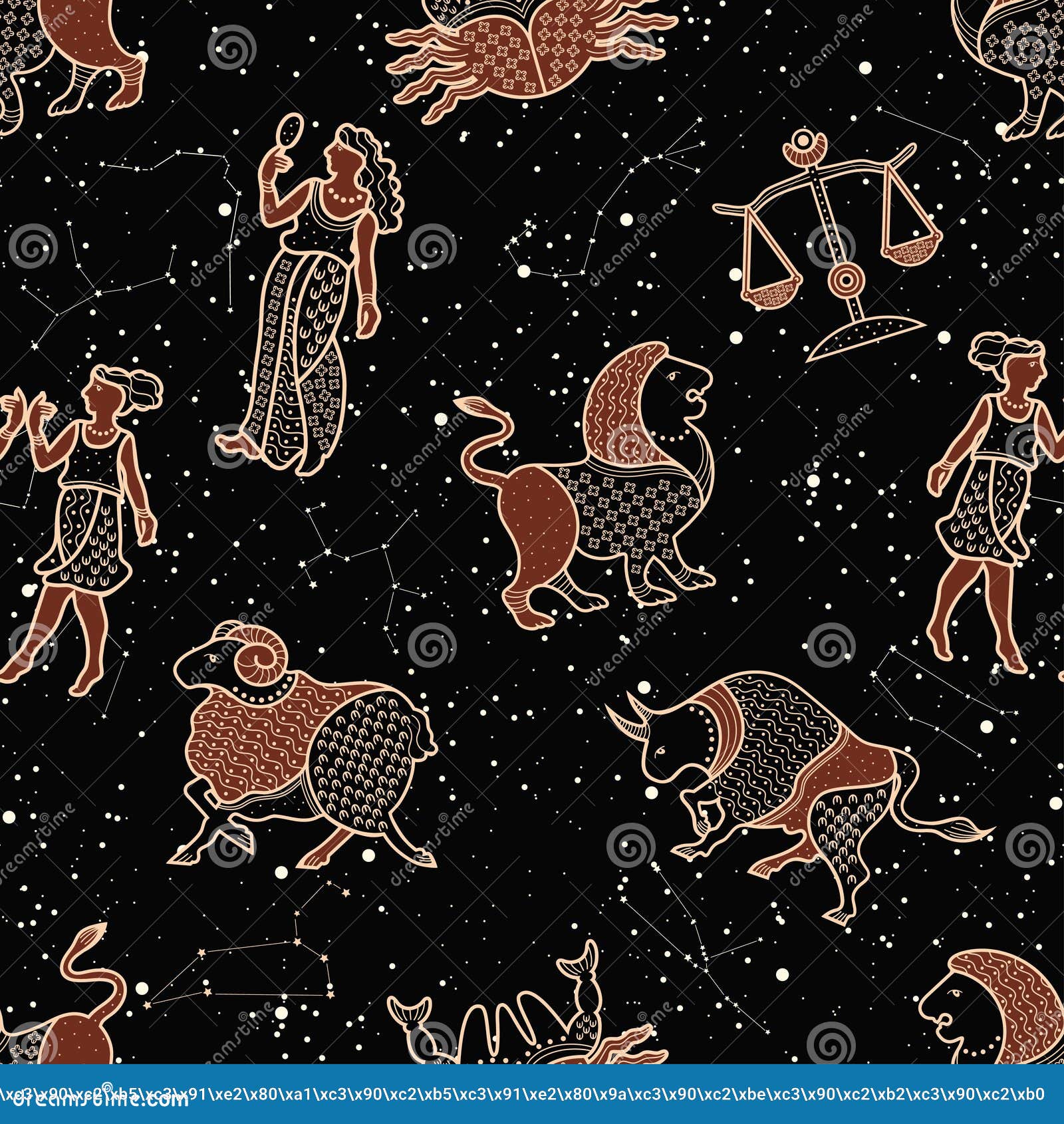 Seamless Pattern with Zodiac Signs. Vector Illustration. Starry Sky ...