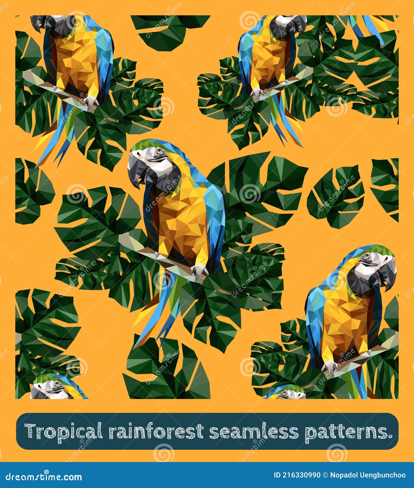 Seamless Patterns Amazon Tropical Rainforest and Macaw Birds Stock ...