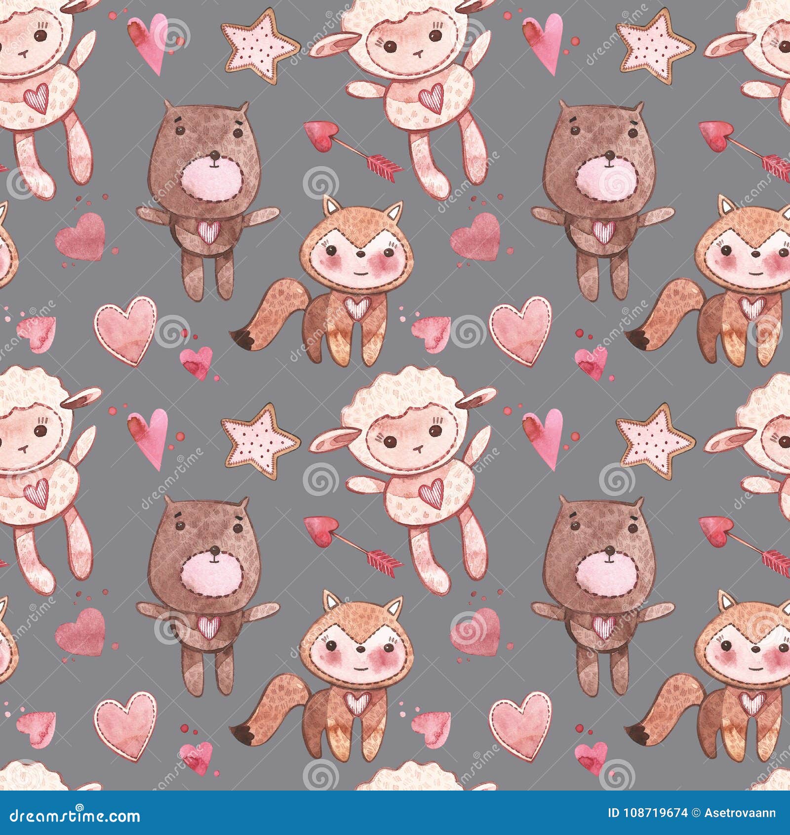 Seamless Patterns with Animals. Pink Watercolor Set of Elements for ...