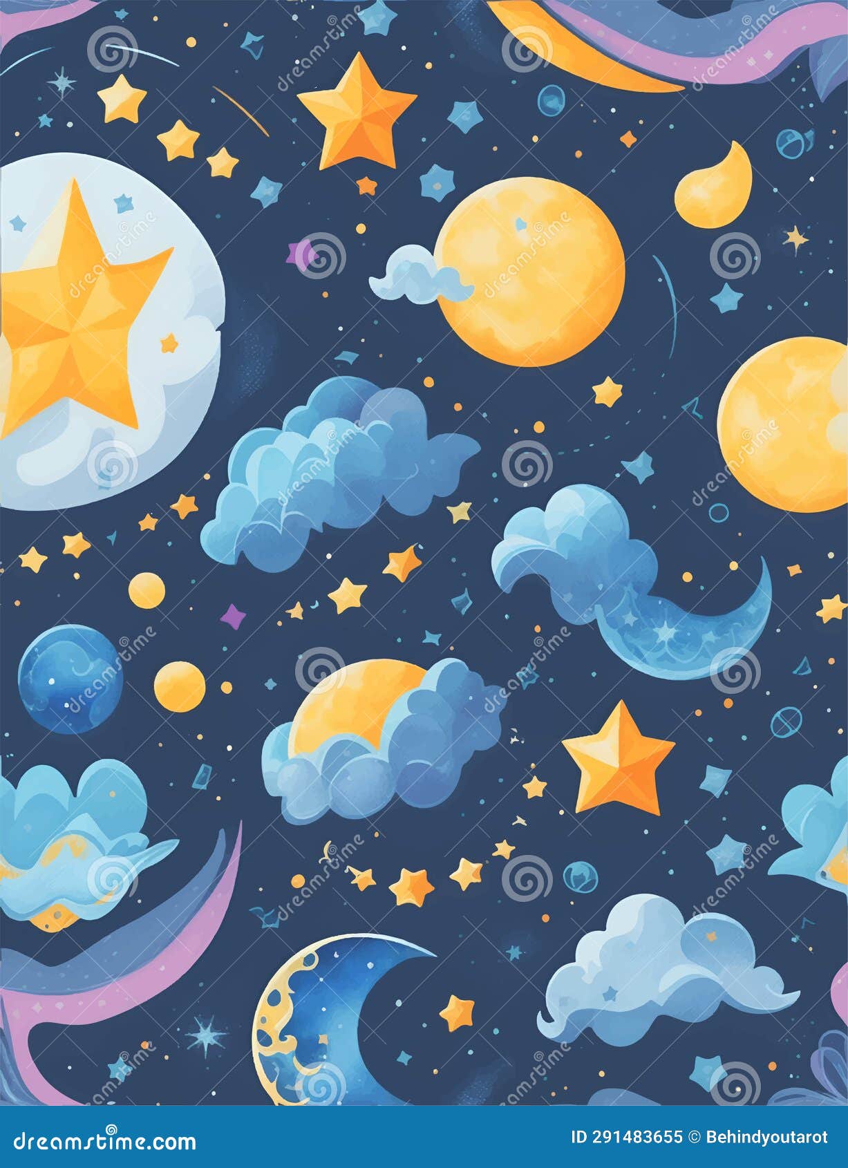 Seamless Patterns Beautiful Moons and Stars, Cartoon, Night Sky Stock ...