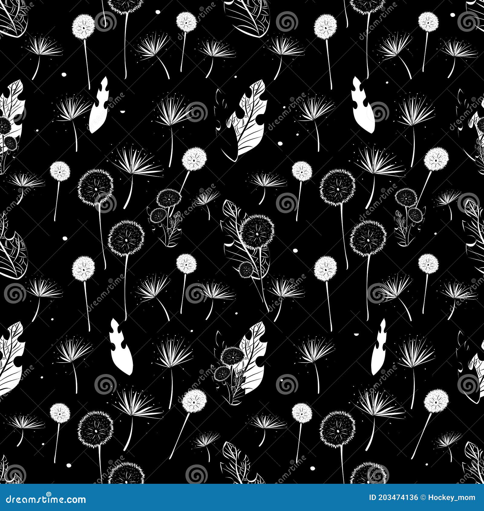 Simple Pattern. Dandelions, Seeds and Leaves on a Black Background ...