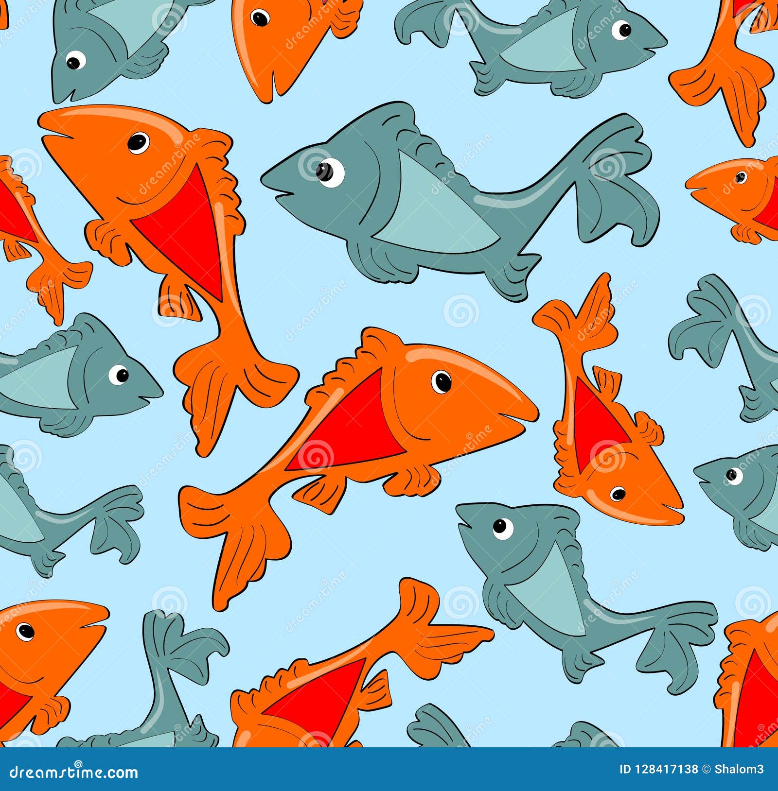 Seamless Patterns With Fish Cartoons On Light Blue Background. Cute ...